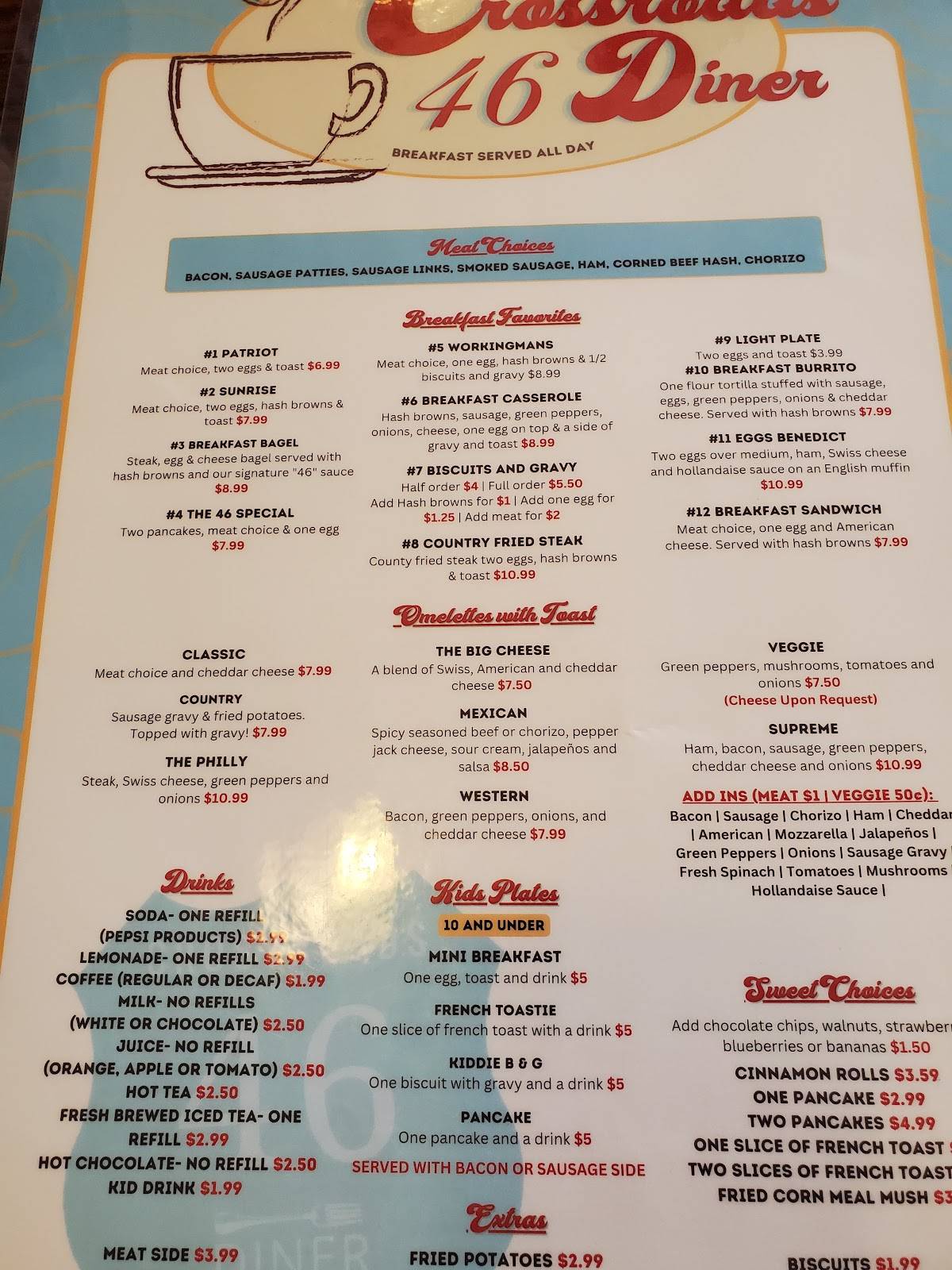 Menu at Crossroads 46 Diner steakhouse, Spencer