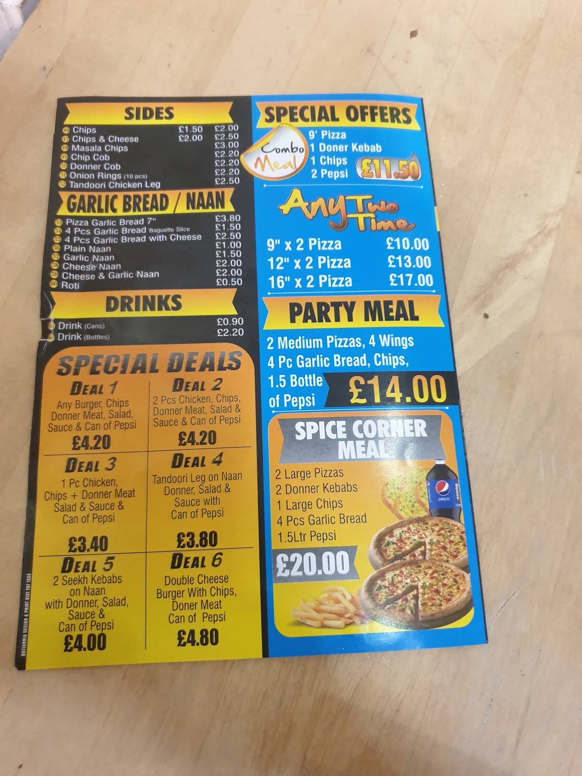 Carta del restaurante Spice Corner, Nottingham