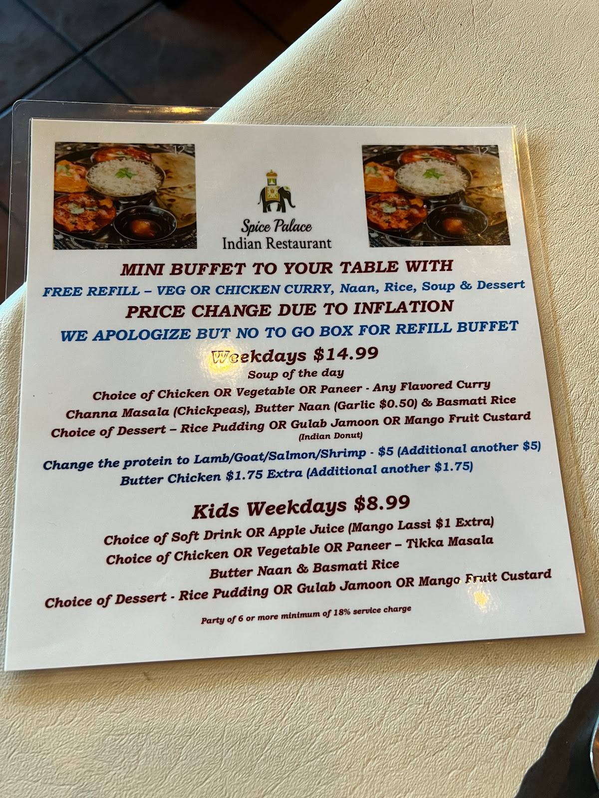 Menu at Spice Palace Indian Restaurant, Williamsburg