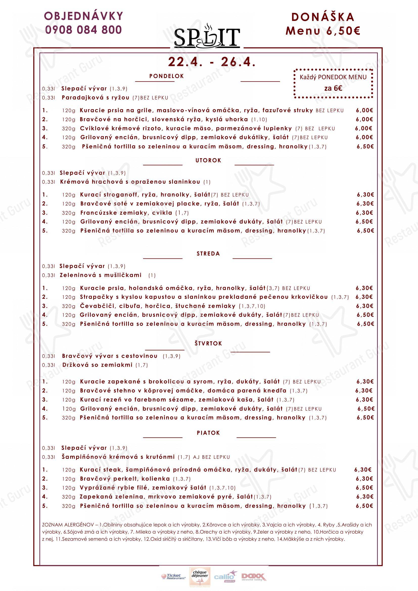 Menu at Split restaurant, Prešov