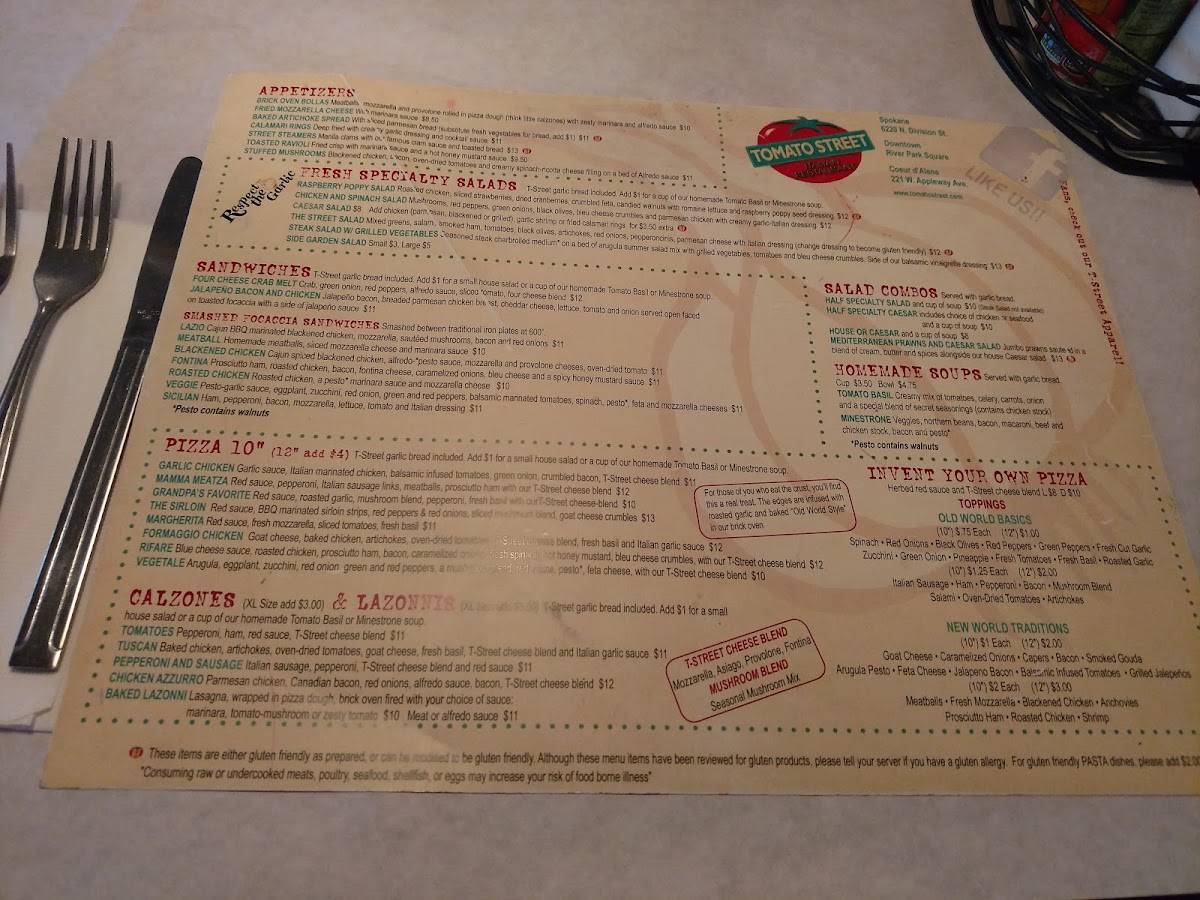 Menu at Tomato Street North Division pizzeria, Spokane, N Division St