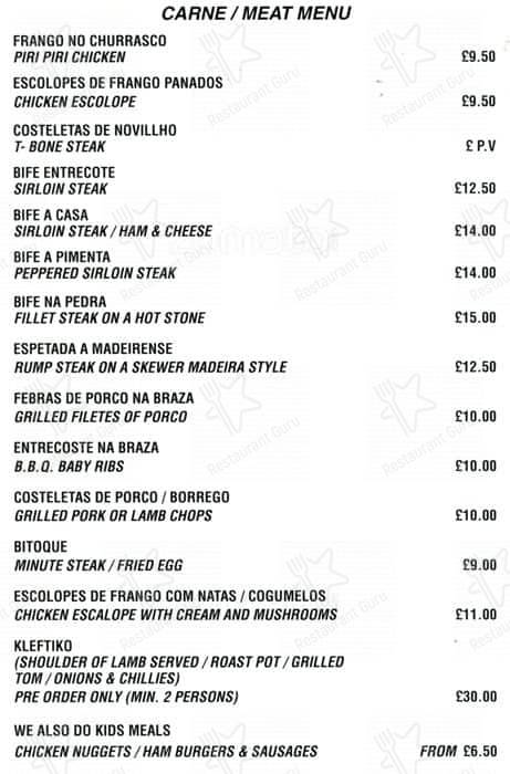Menu at Sporting Clube de Londres, London