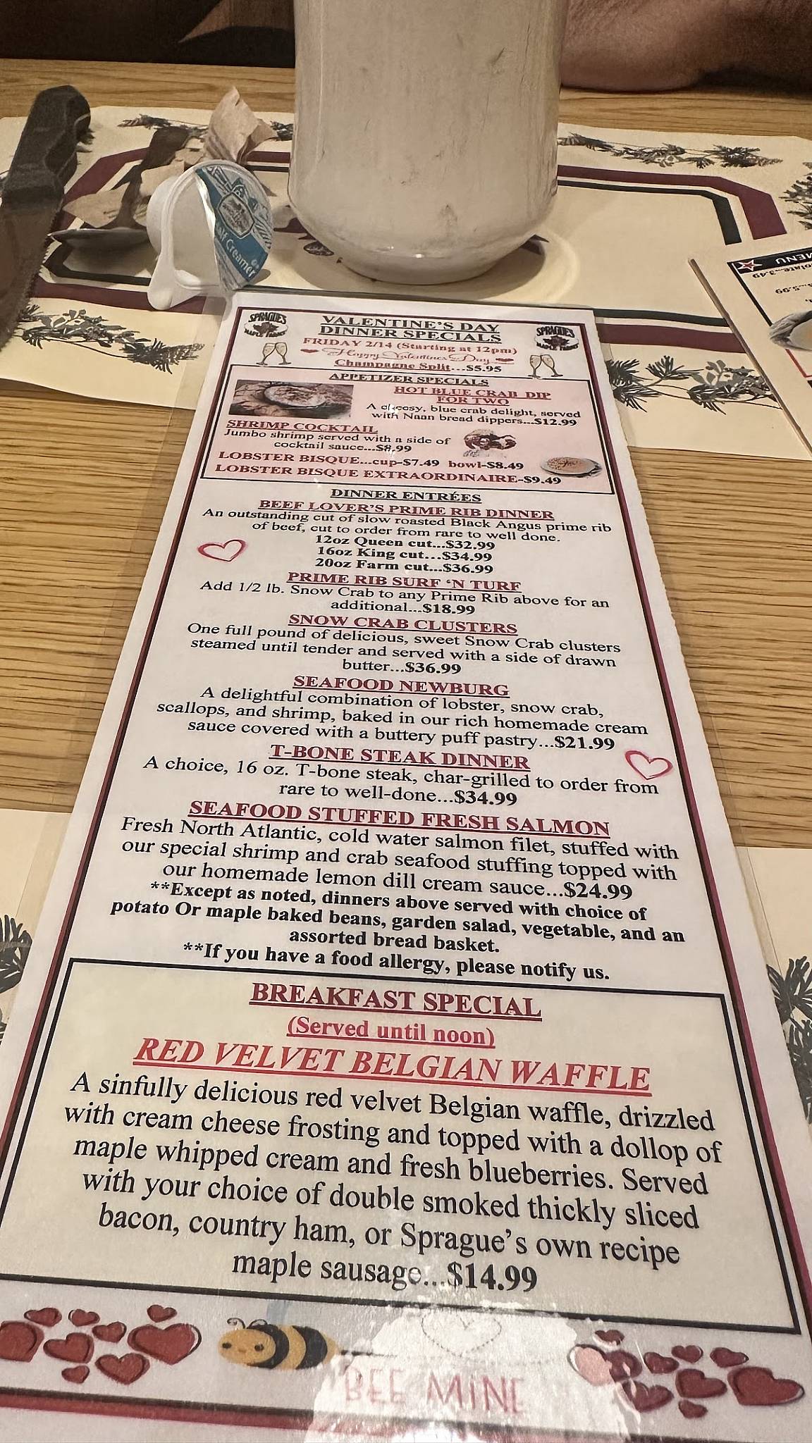 Menu at Sprague's Maple Farms restaurant, Portville
