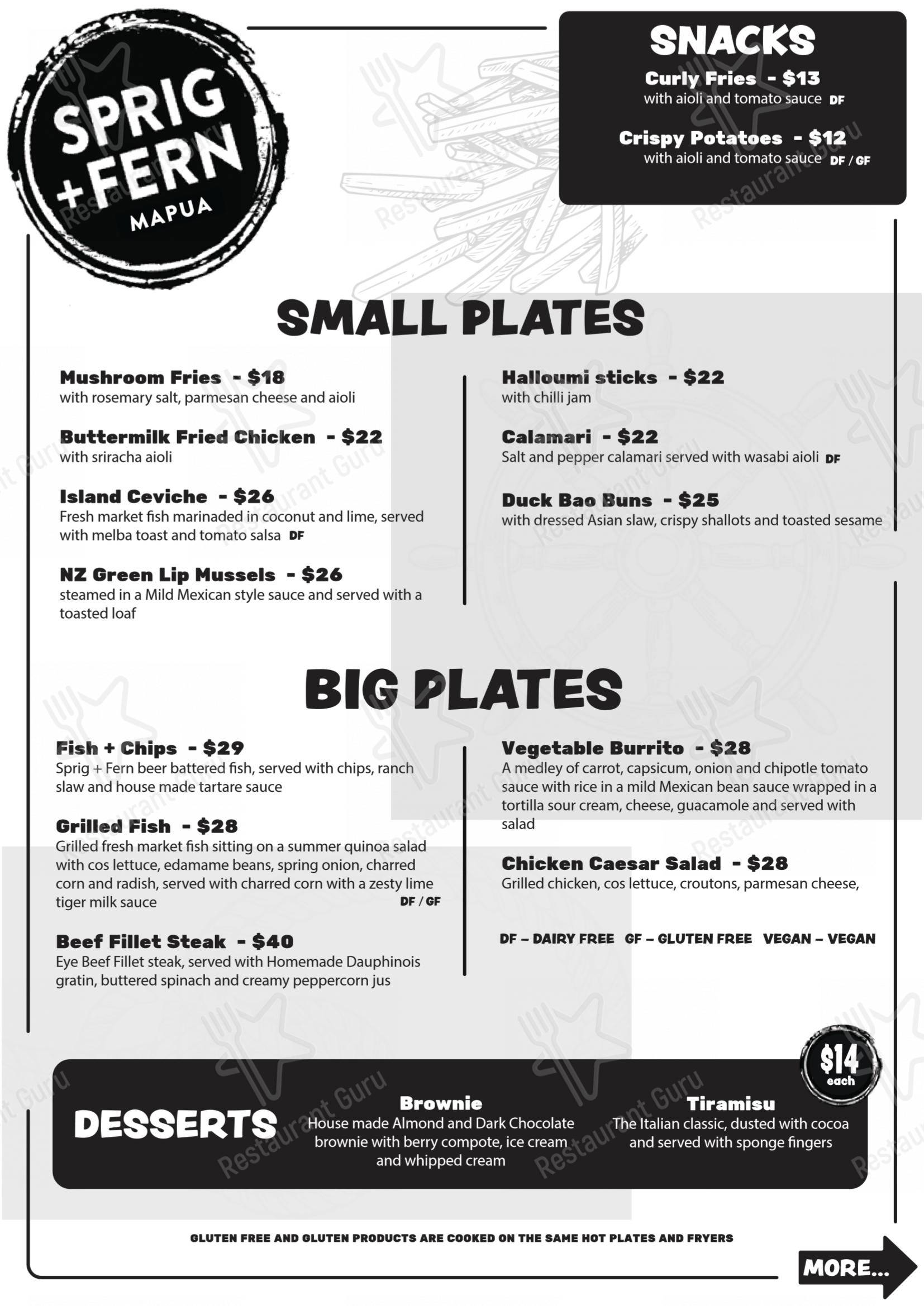Menu at Sprig + Fern Mapua pub & bar, Mapua, 67 Aranui Rd