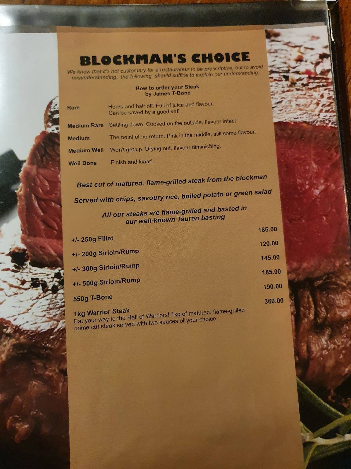 Menu at Tauren Steak Ranch Springbok steakhouse, Springbok