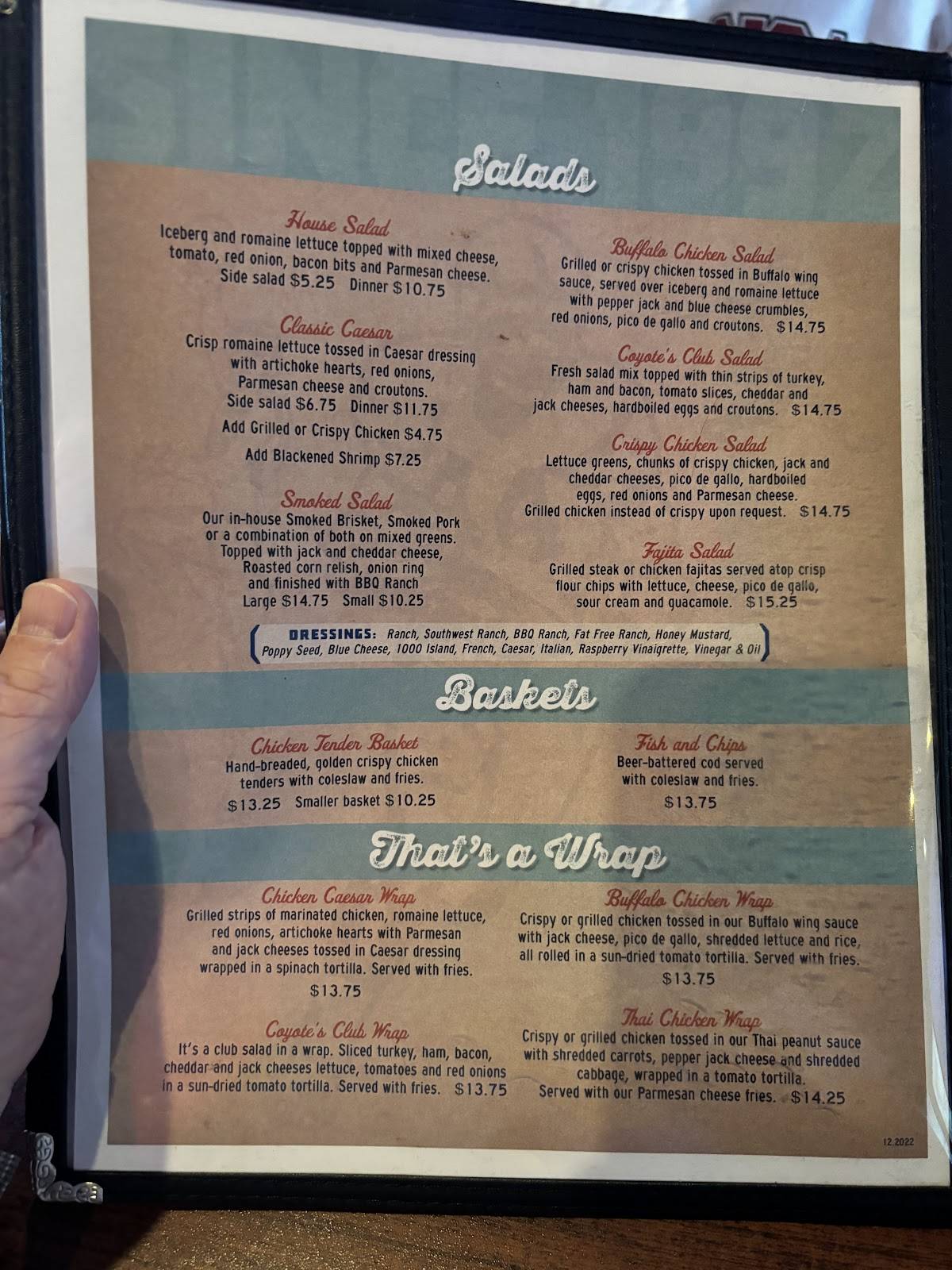Menu at Coyote's Adobe Café restaurant, Springfield