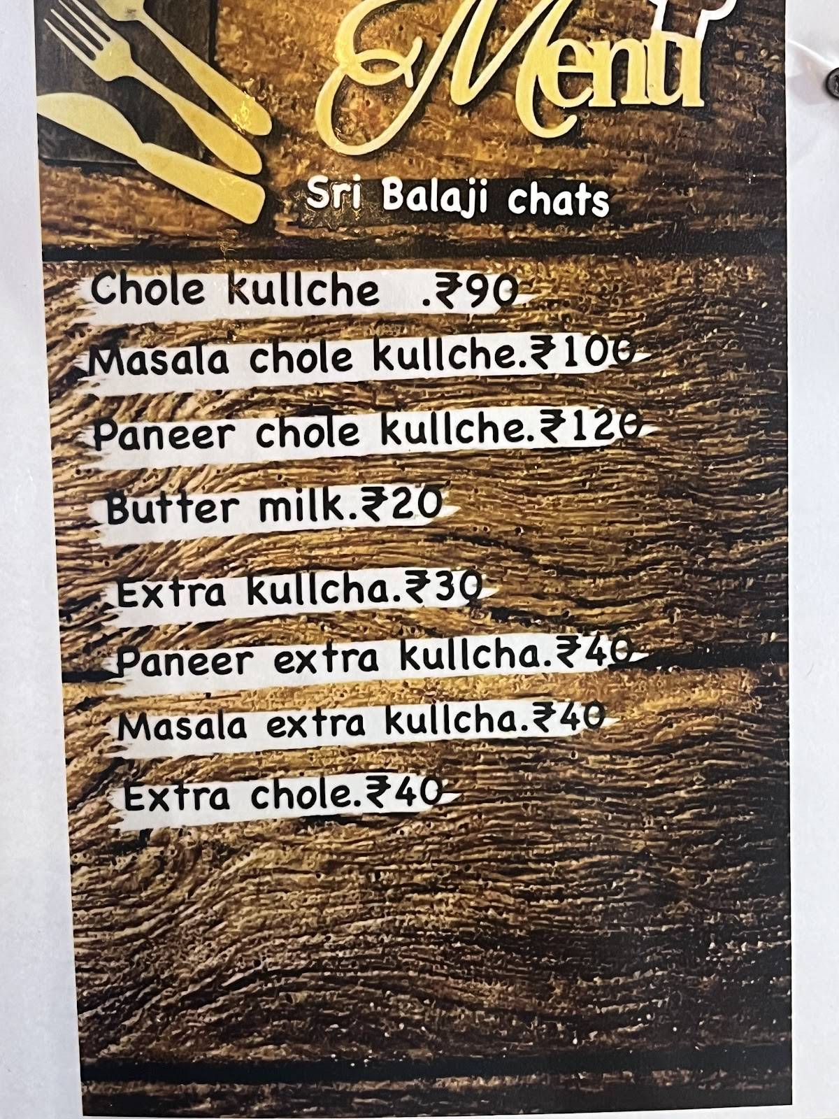 Menu at Sri Balaji Chats Chole Kulche, Bengaluru