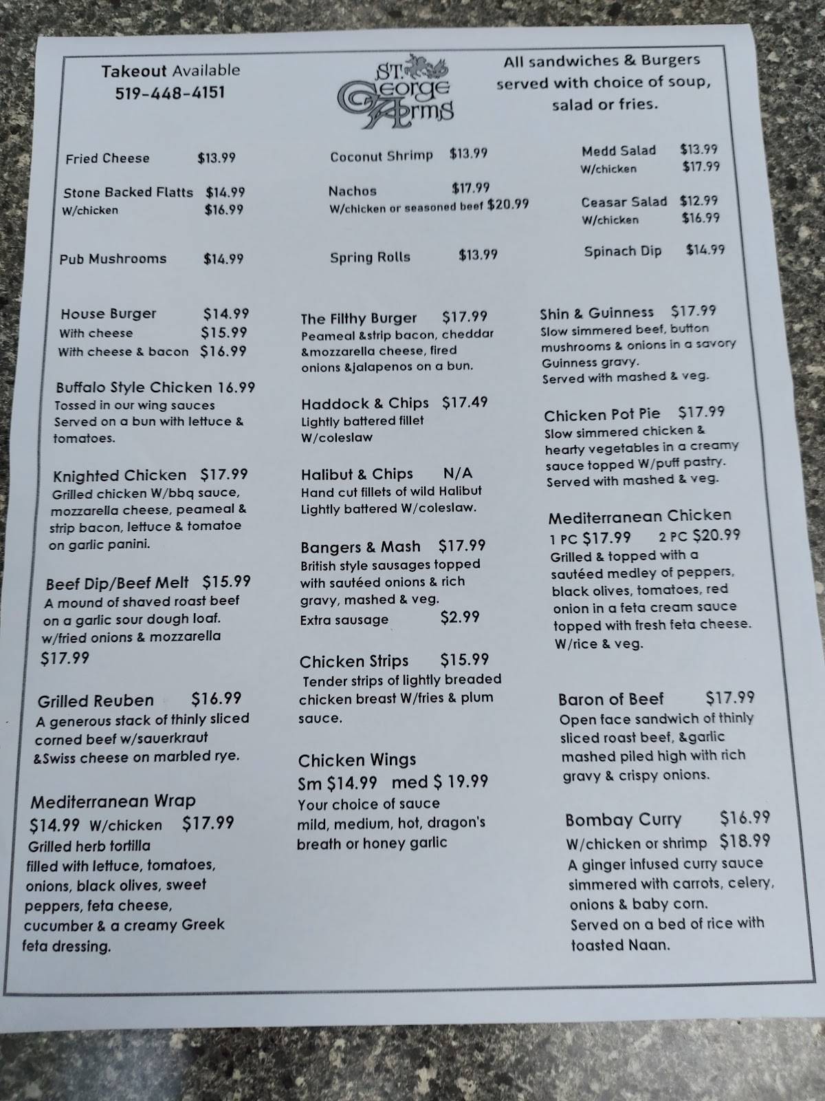 Menu at St George Arms pub & bar, Brant