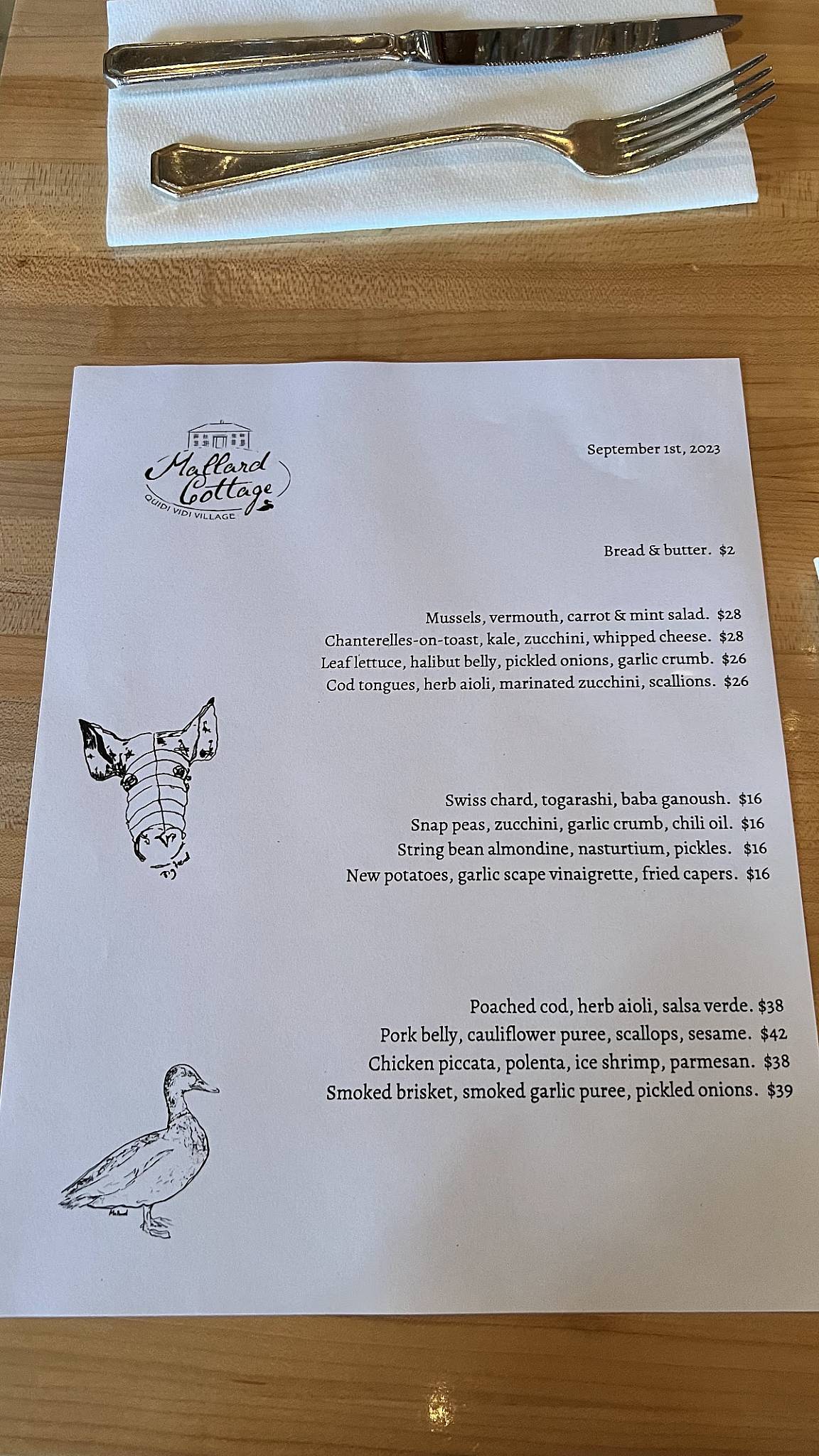 Menu at Mallard Cottage restaurant, St. John's