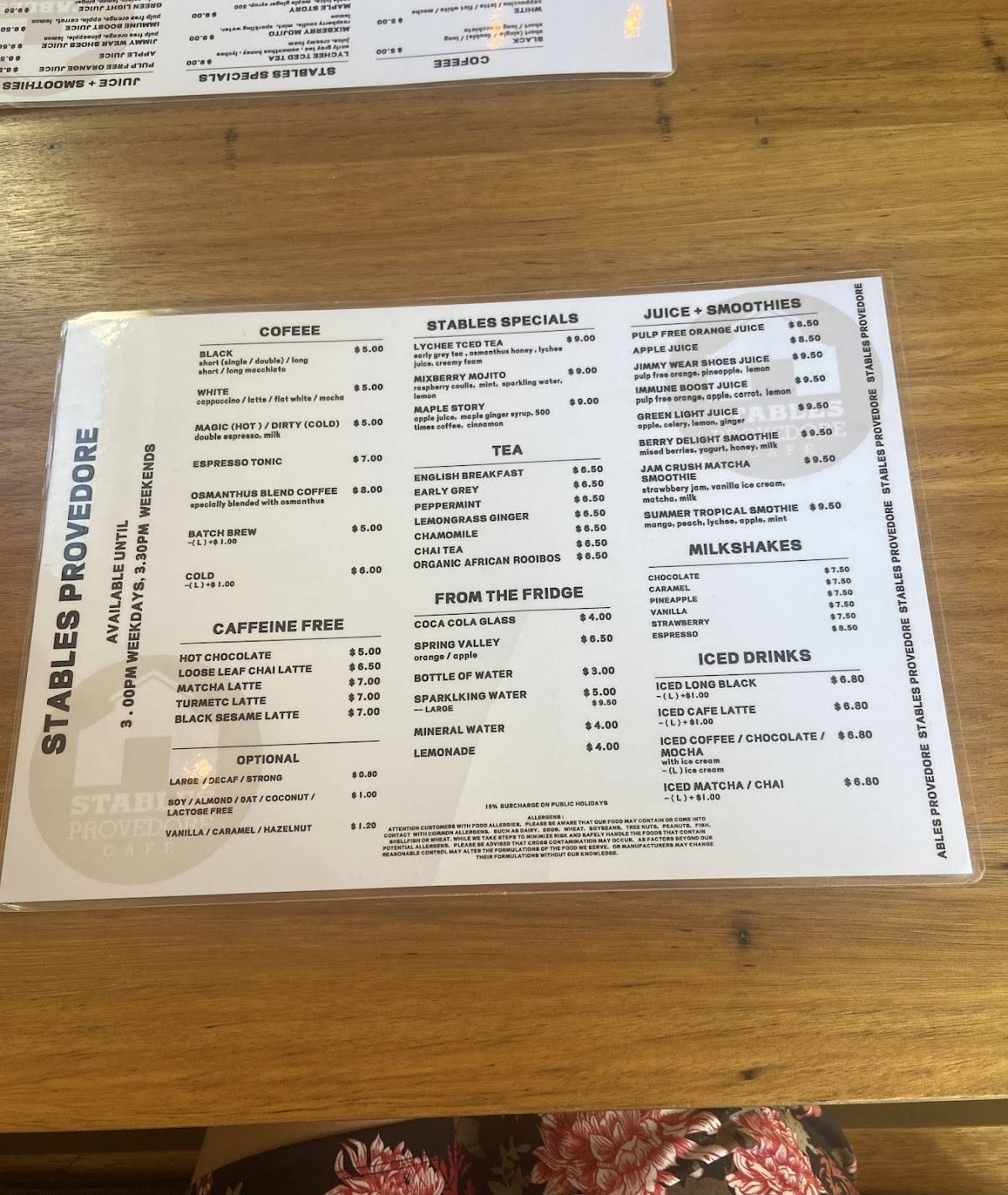 Menu at Stables Provedore Cafe, Doncaster