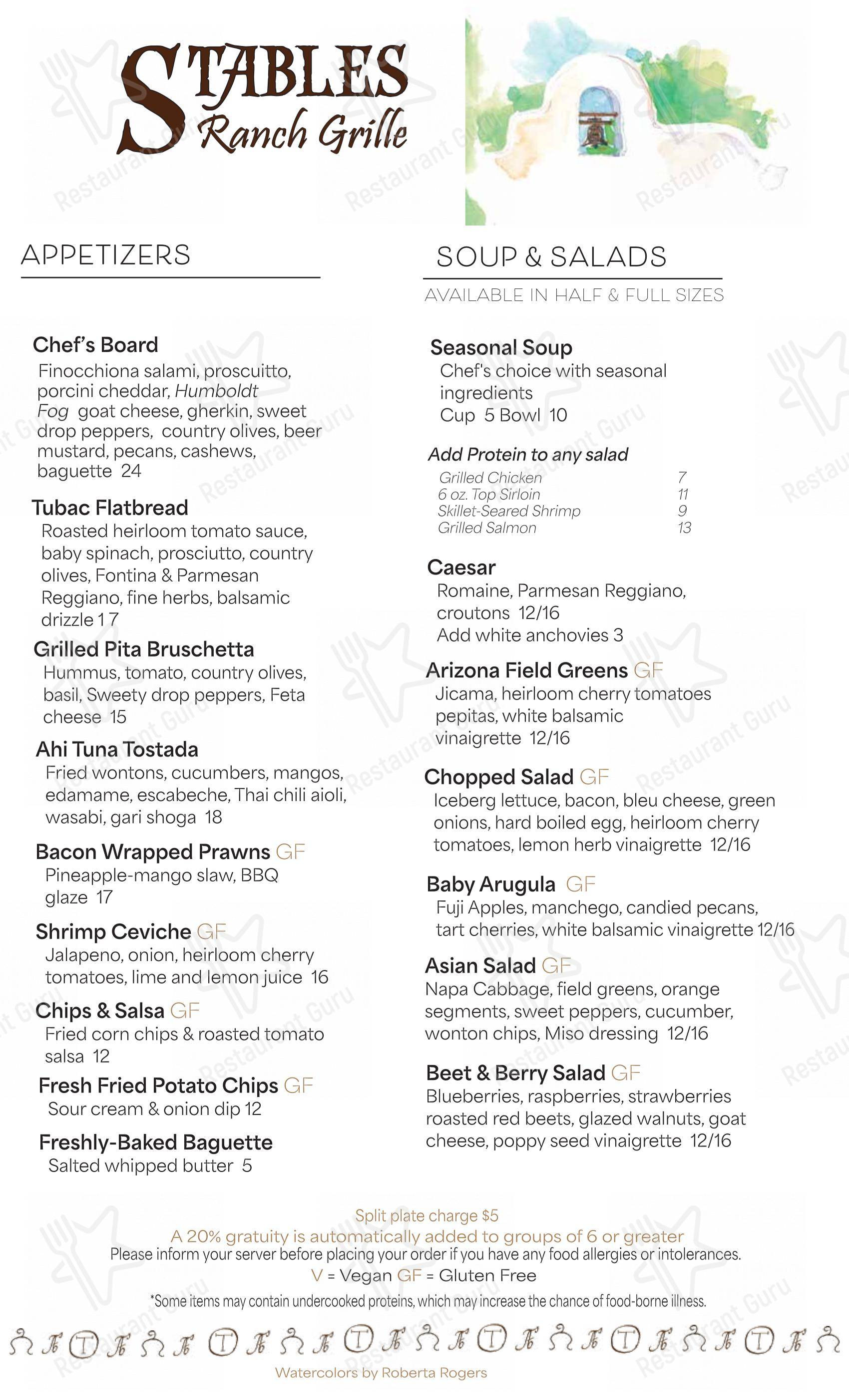 Menu at Stables Ranch Grille restaurant, Tubac, 65 Avenida de Otero