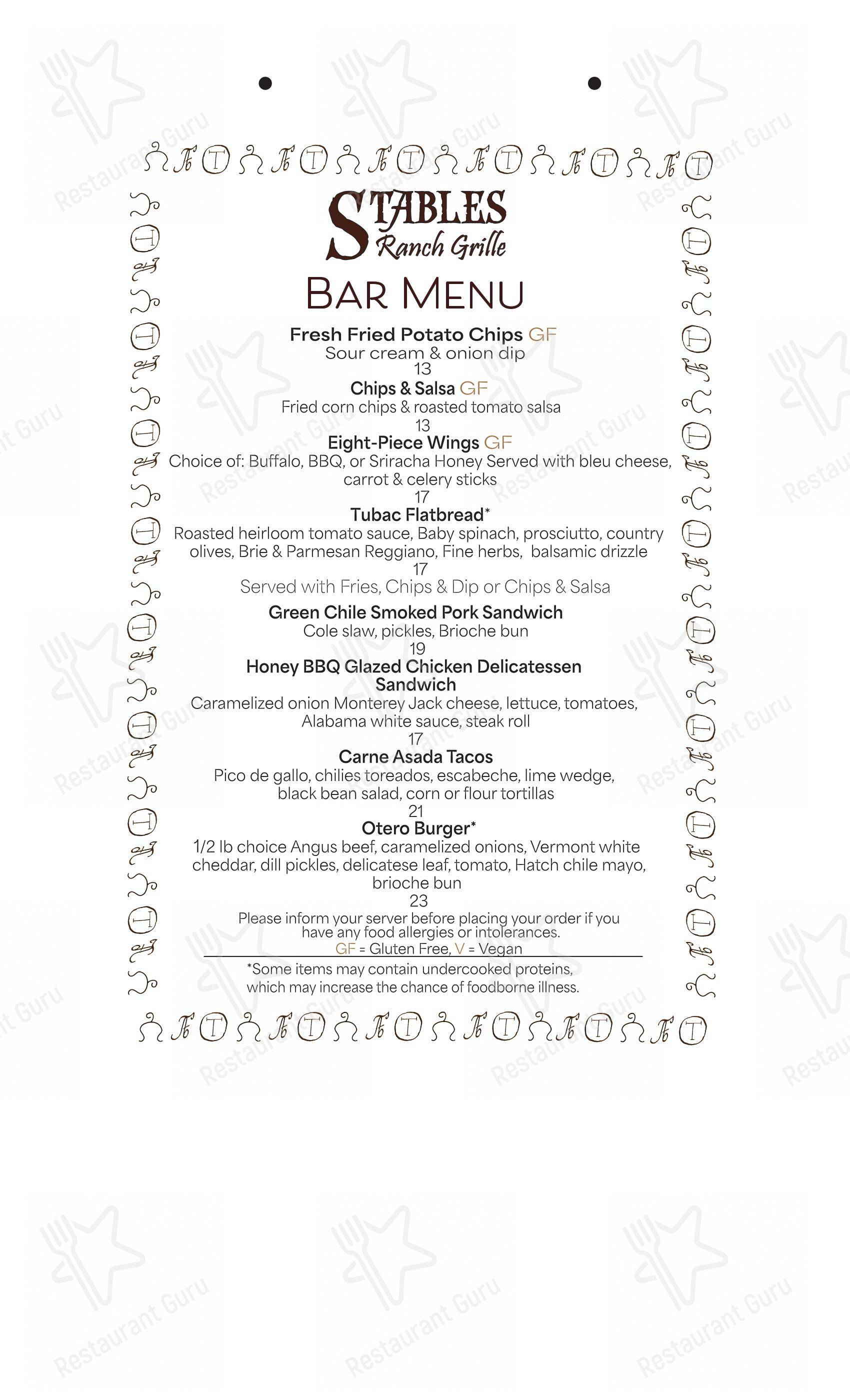 Menu at Stables Ranch Grille restaurant, Tubac, 65 Avenida de Otero