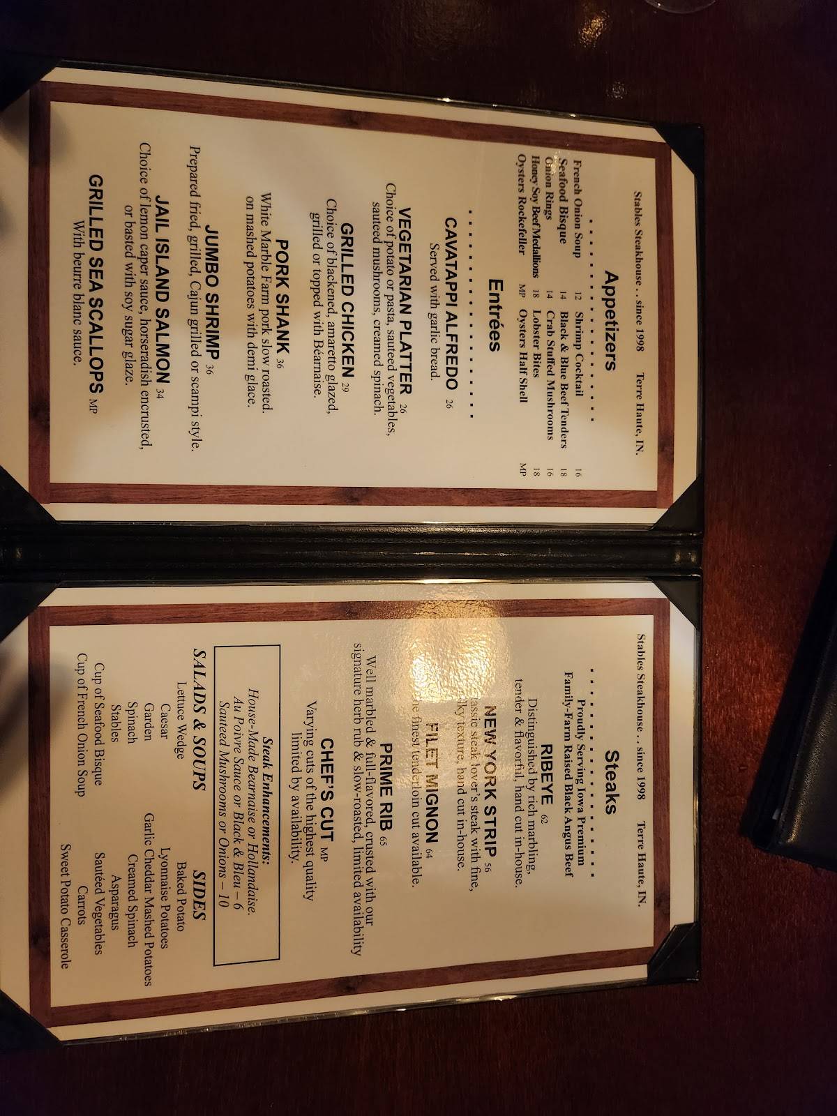 Menu at Stables Steakhouse, Terre Haute