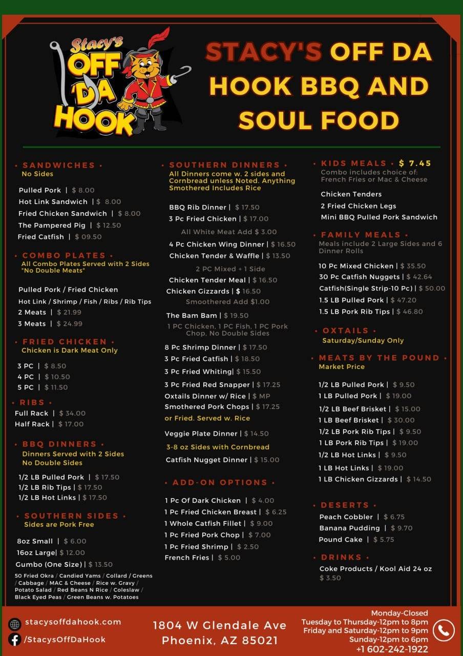 Menu at Stacy's off Da Hook Soulfood & BBQ, Phoenix, W Glendale Ave