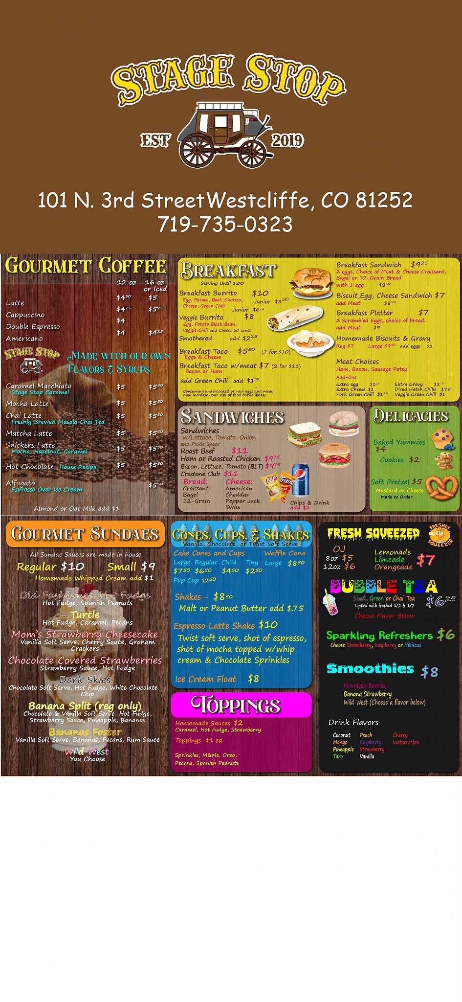 Menu at Stage Stop - Breakfast, Lunch & Fun coffee house, Westcliffe
