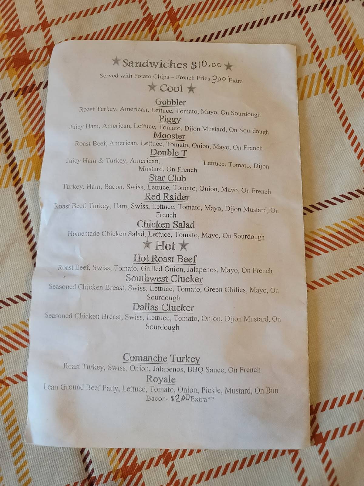 Menu at Star Beau's restaurant, Comanche