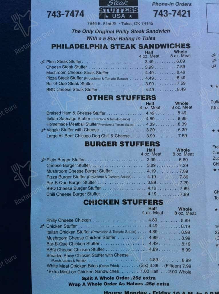 Menu at Steak Stuffers USA restaurant, Tulsa, E 51st St