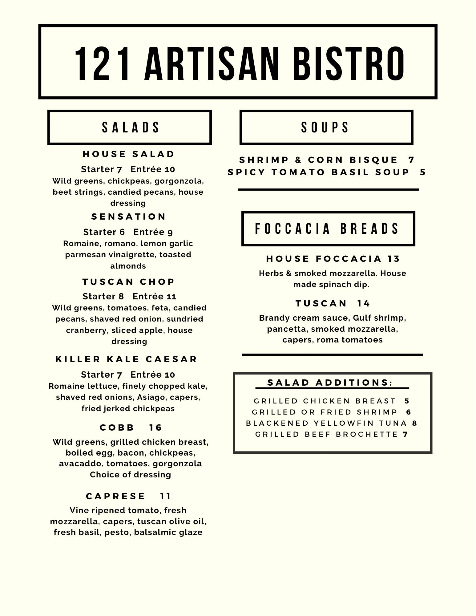 Menu at 121 Artisan Bistro steakhouse, Lake Charles