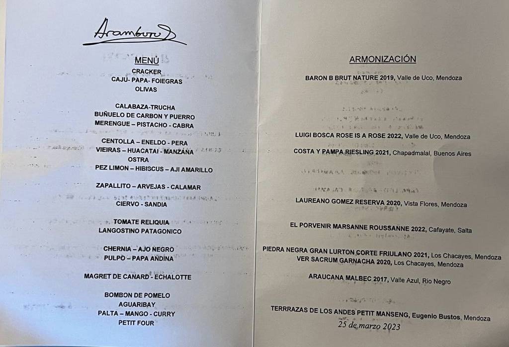 Carta de parrilla Aramburu Relais & Châteaux, Buenos Aires, Vicente ...