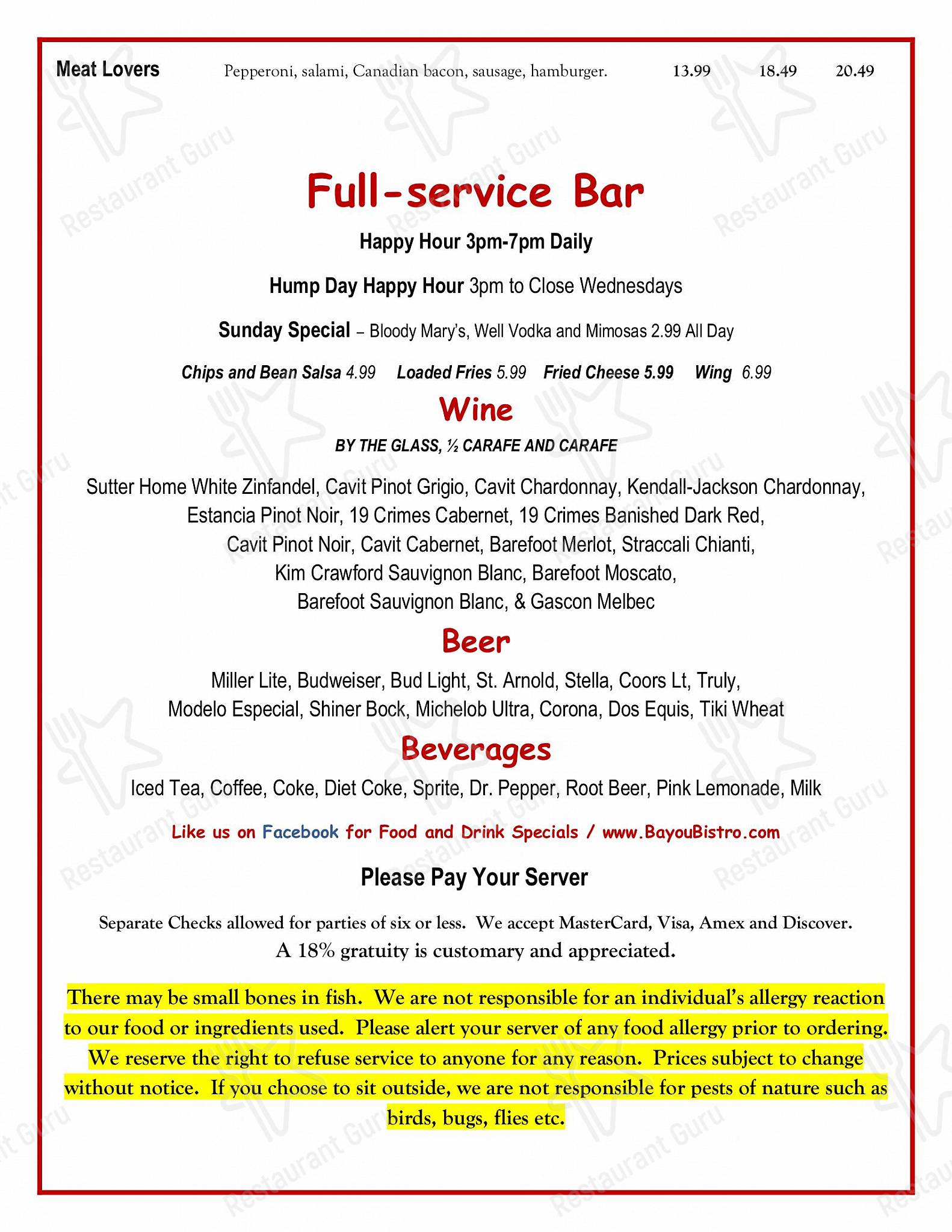 Menu at Bayou Bistro and Bar, Bayou Vista