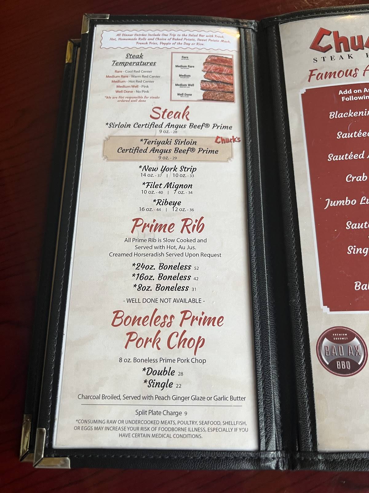 Menu at Chuck's Steak House, Myrtle Beach steakhouse, Myrtle Beach
