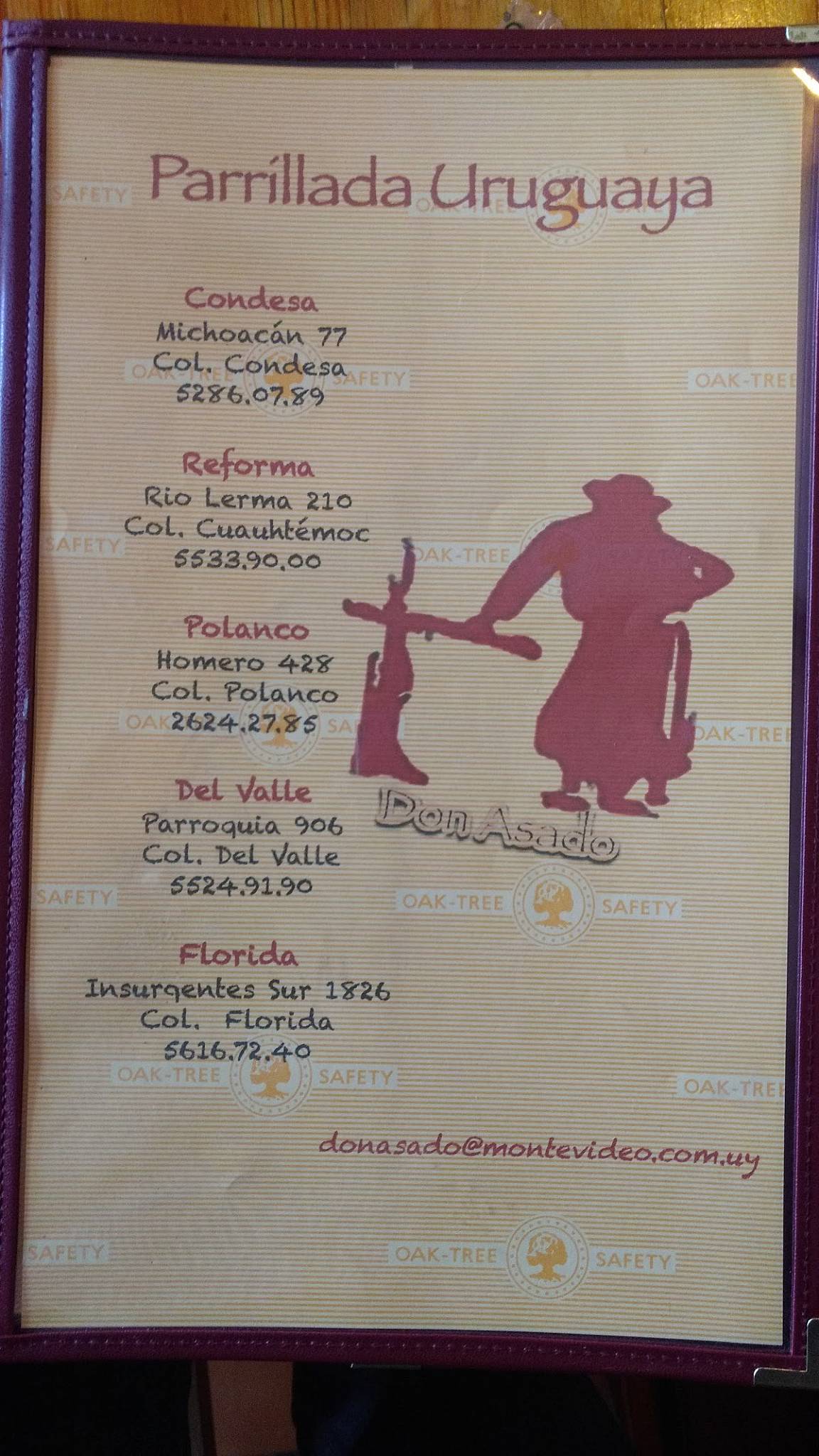 Carta de parrilla Don Asado, Ciudad López Mateos, Av Michoacán 77