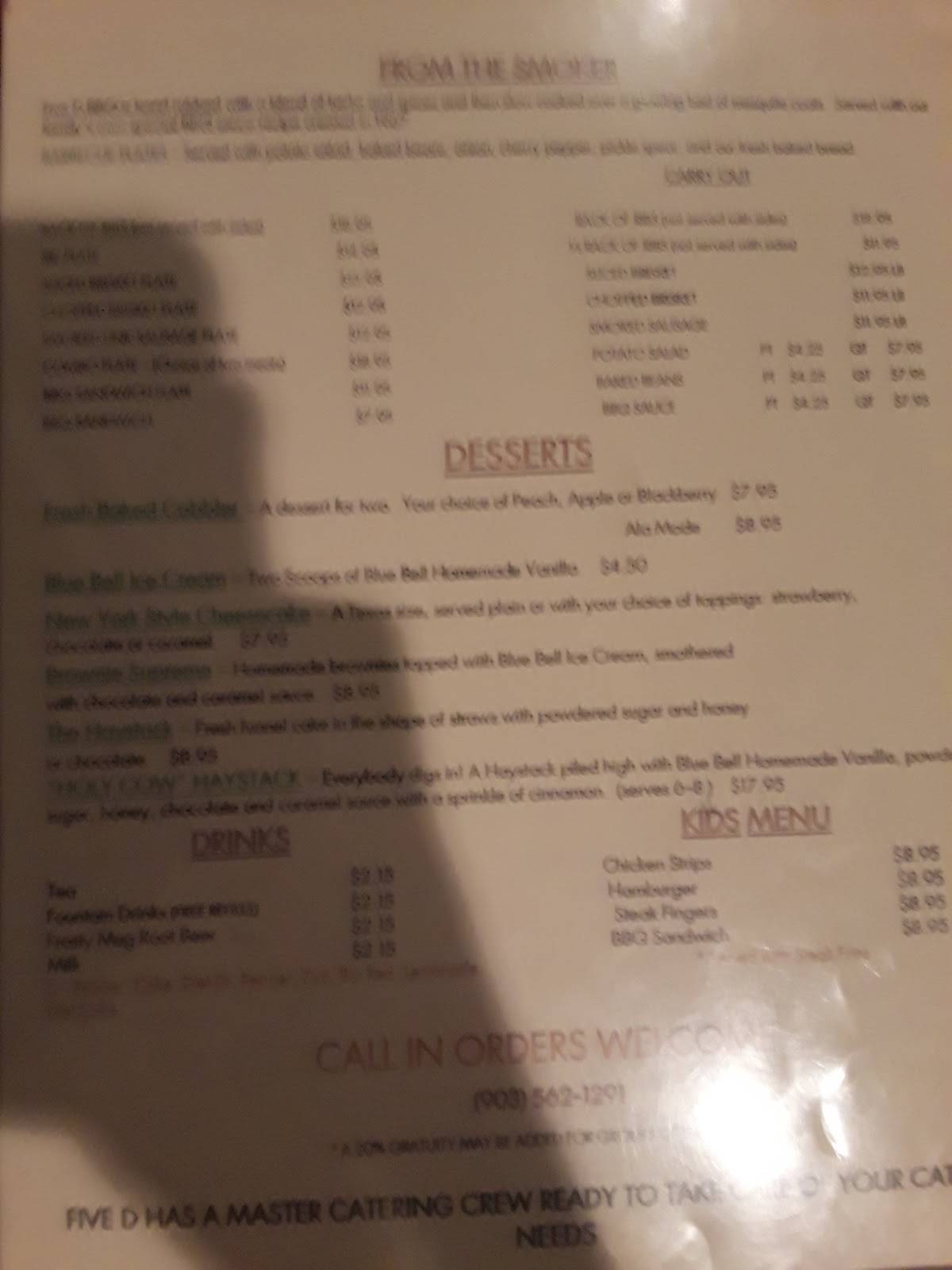 Menu at Five D Cattle Company Steak House & Meat Market steakhouse, Avinger