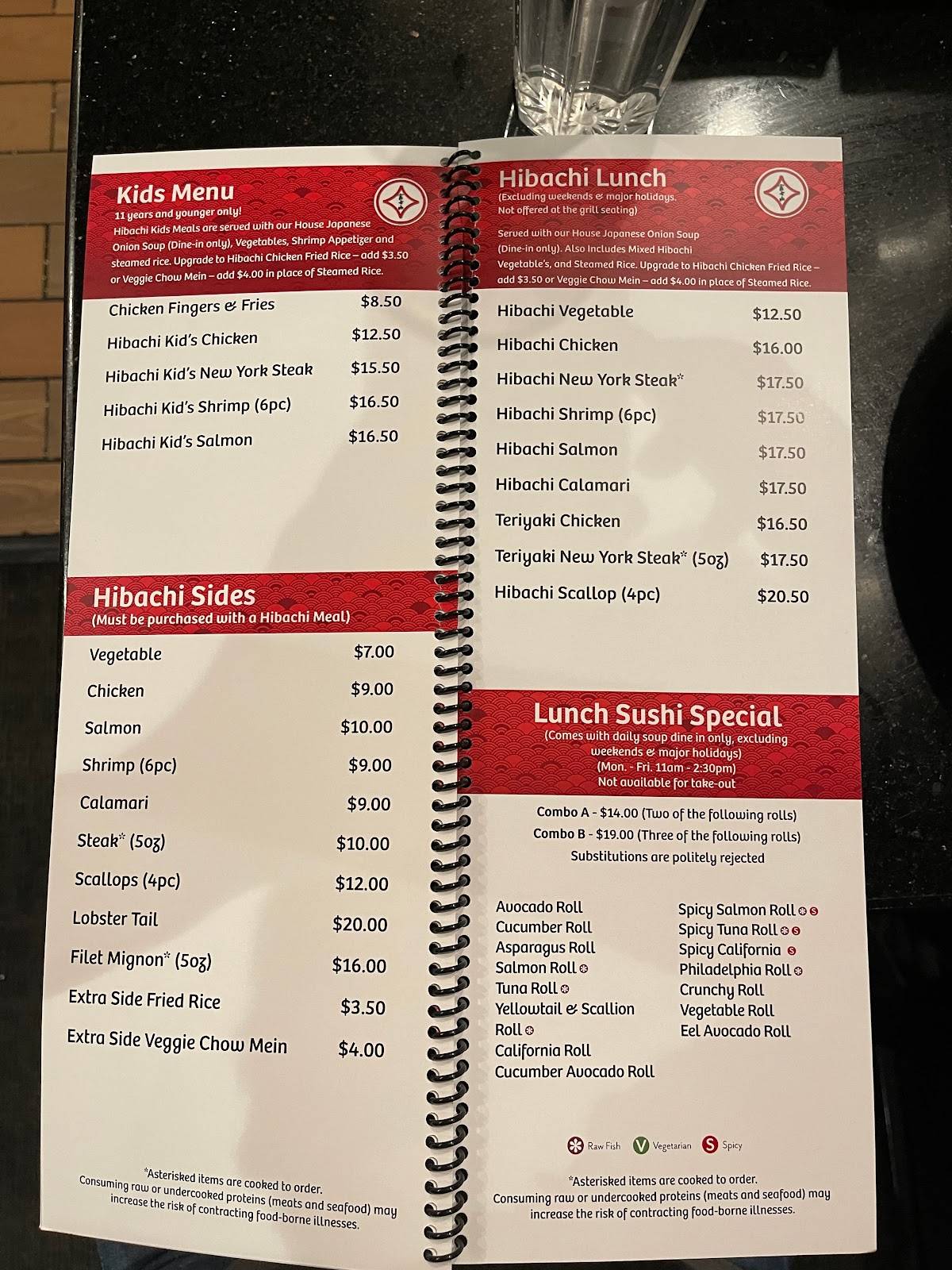Menu at Fujiyama steakhouse, Liberty Lake