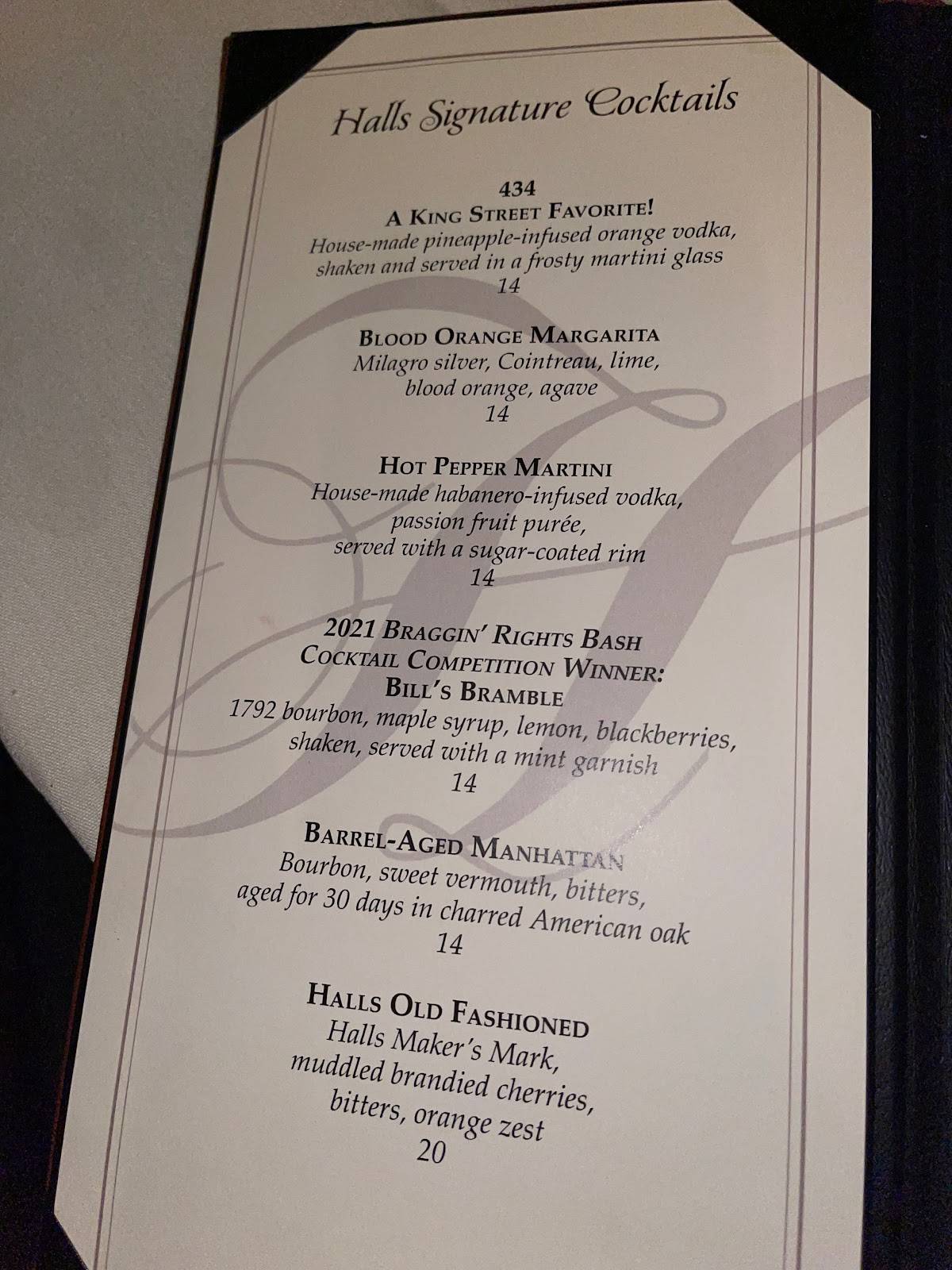Menu at Halls Chophouse Columbia steakhouse, Columbia