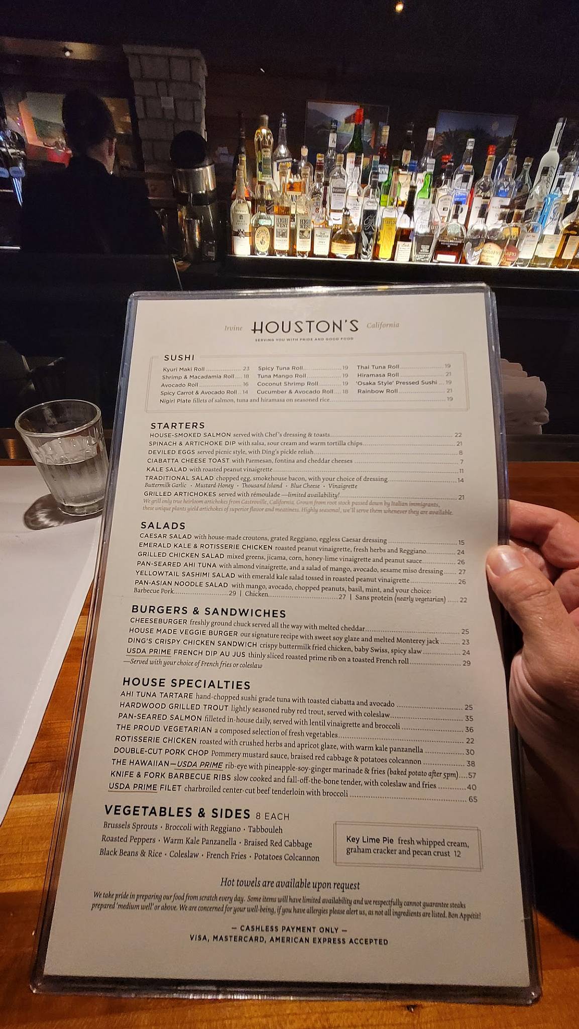 Menu at Houston's steakhouse, Irvine