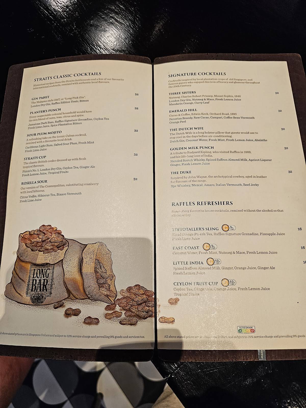 Menu at Long Bar, Singapore, 1 Beach Rd