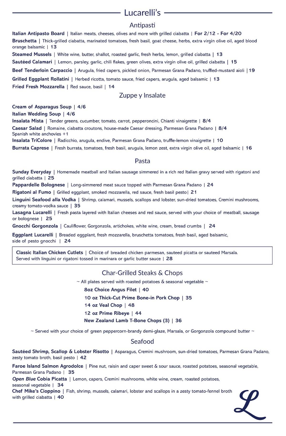 Menu at Lucarelli's Italian Restaurant, Venice