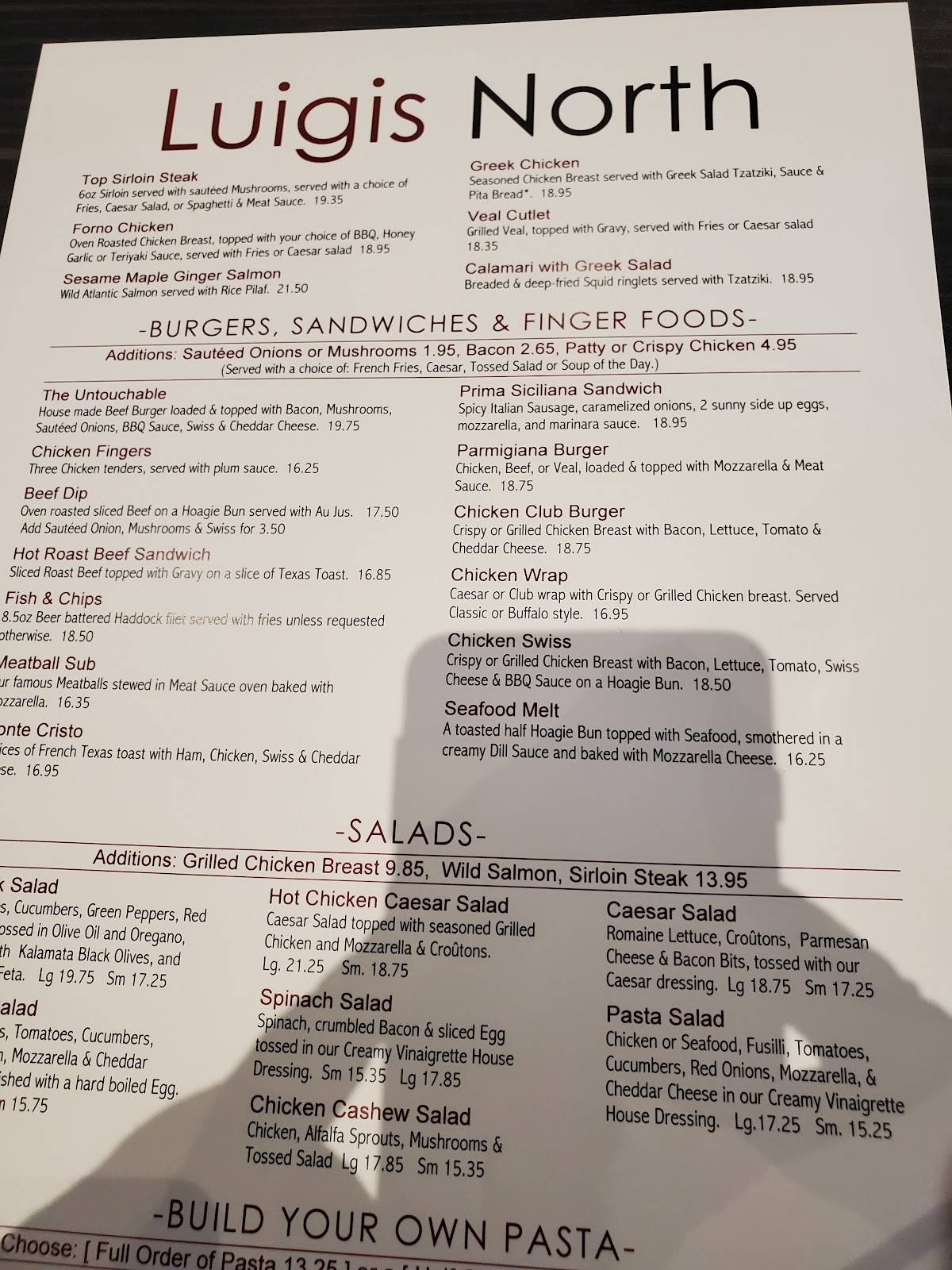 Menu at Luigis North steakhouse, Lethbridge