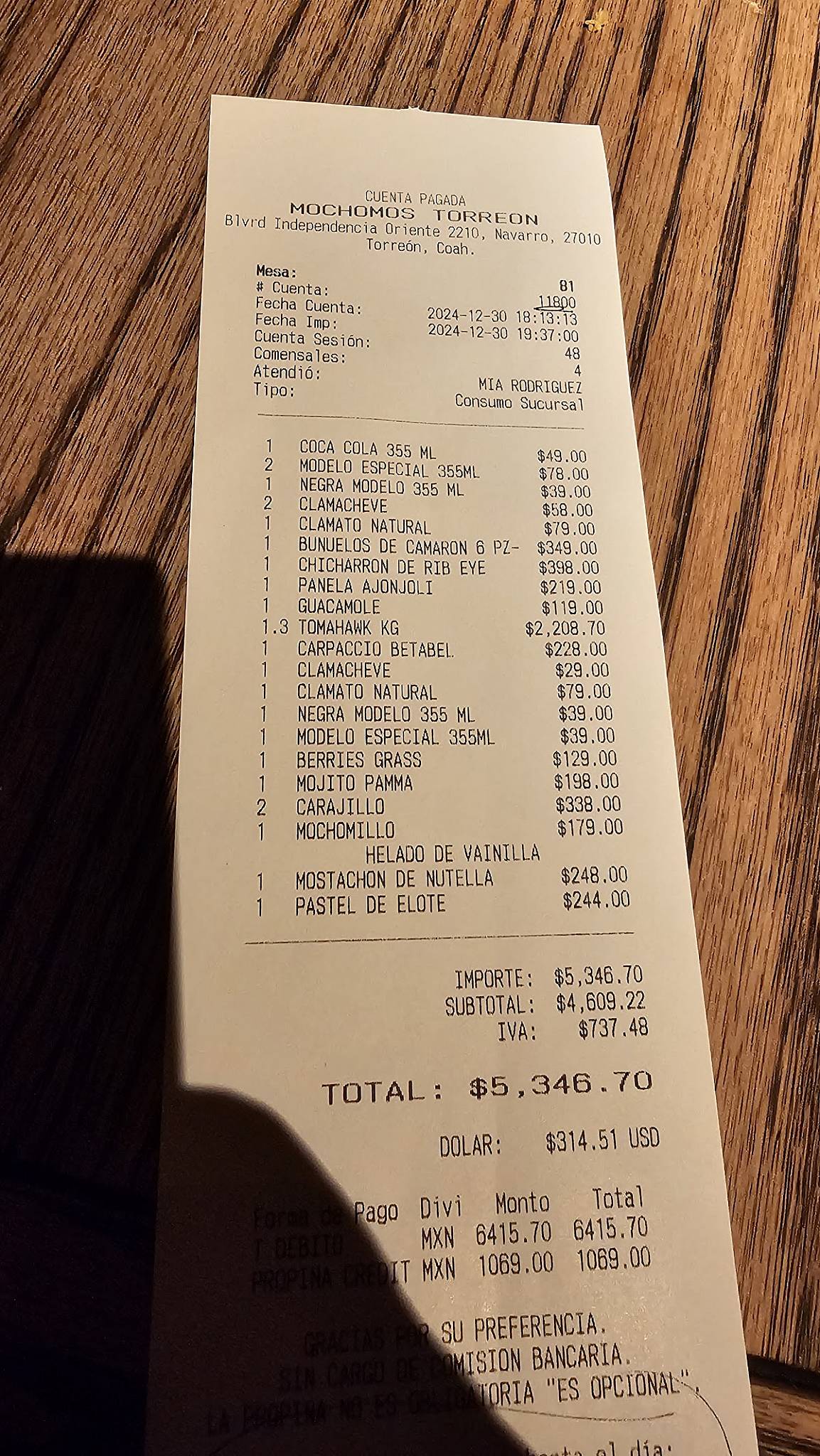 Menu at Mochomos Torreón restaurant, Torreón