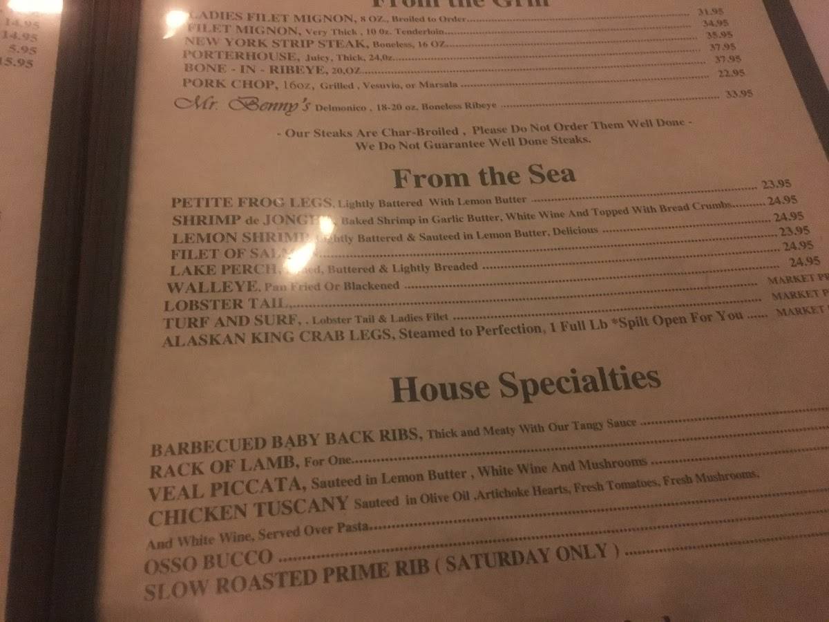 Menu at Mr Benny's Steak & Lobster steakhouse, Mokena