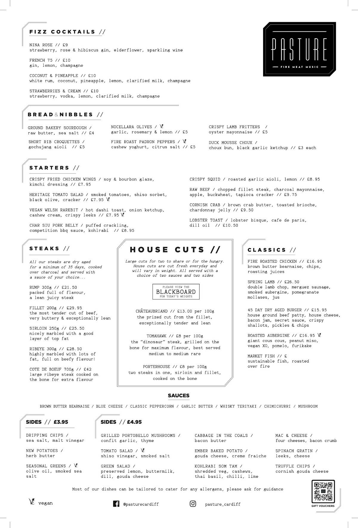 Menu at Pasture Restaurant Cardiff, Cardiff