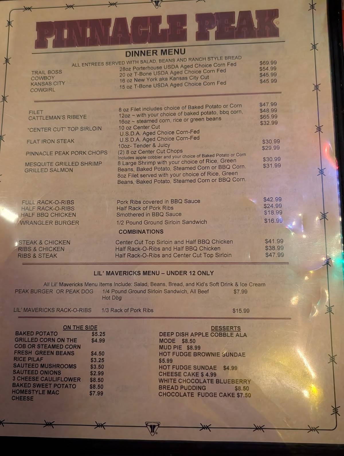 Menu at Pinnacle Peak Steakhouse, San Dimas
