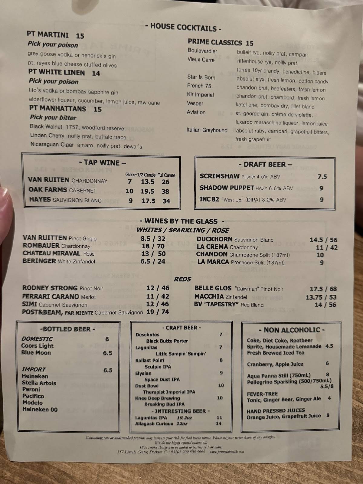 Carta de parrilla Prime Table Steak House, Stockton