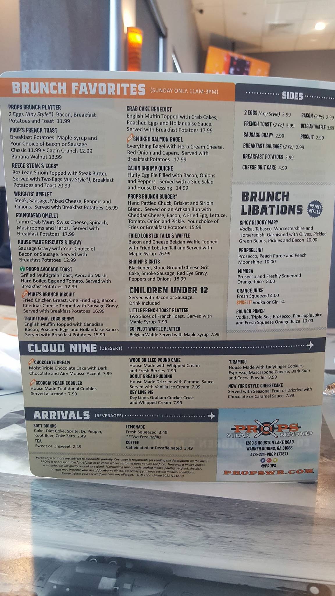 Menu at Props Steak and Seafood Restaurant, Warner Robins