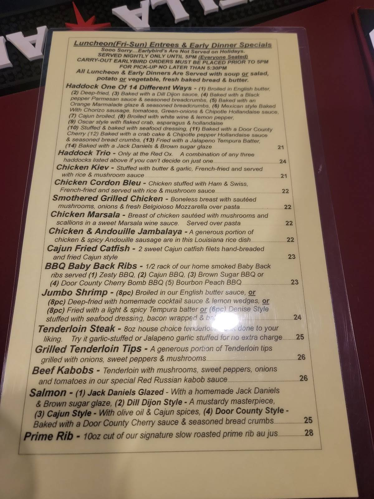 Menu at Red Ox steakhouse, Appleton