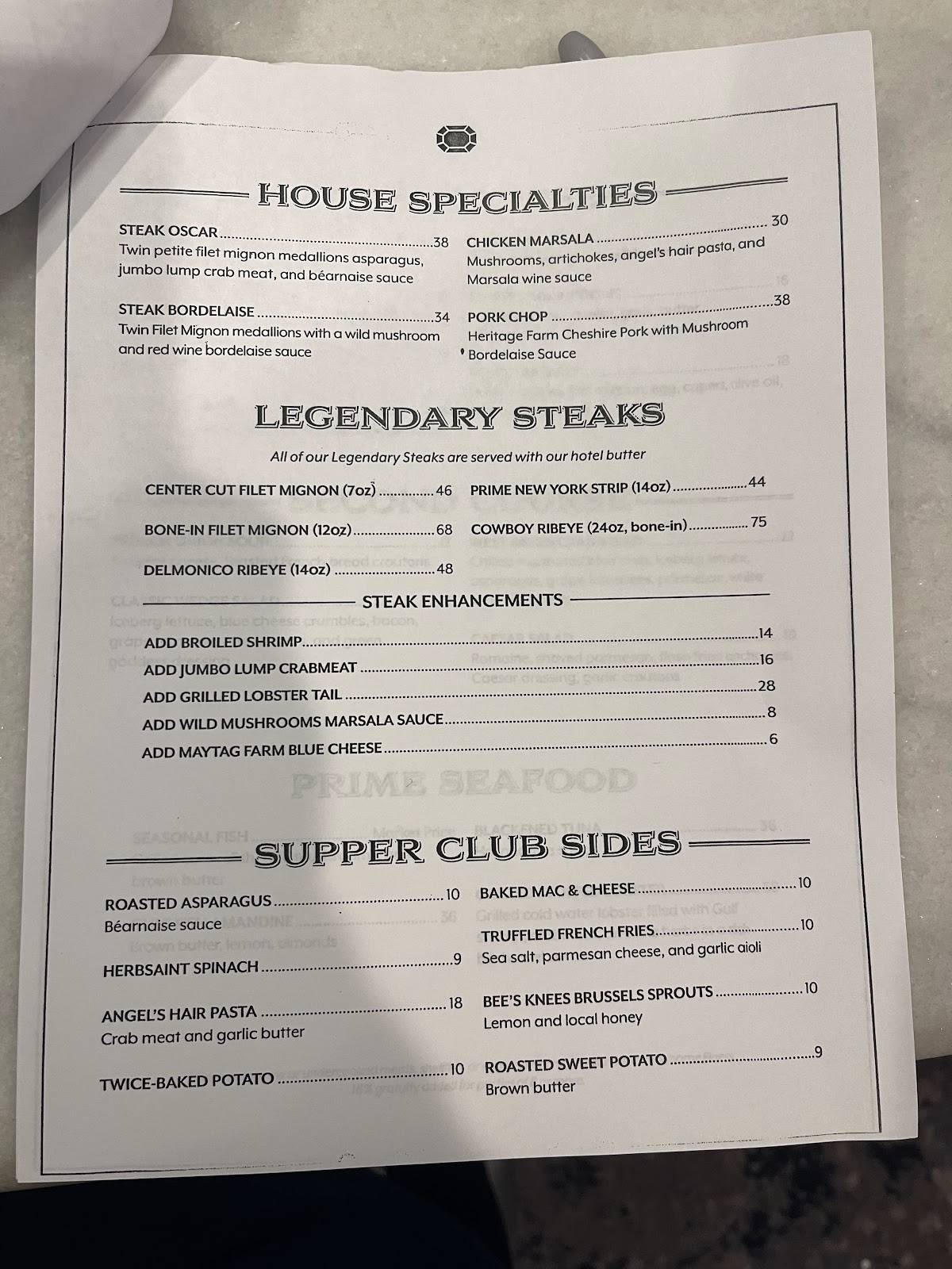 Menu at Sapphire Supper Club at Legends Hotel, Biloxi