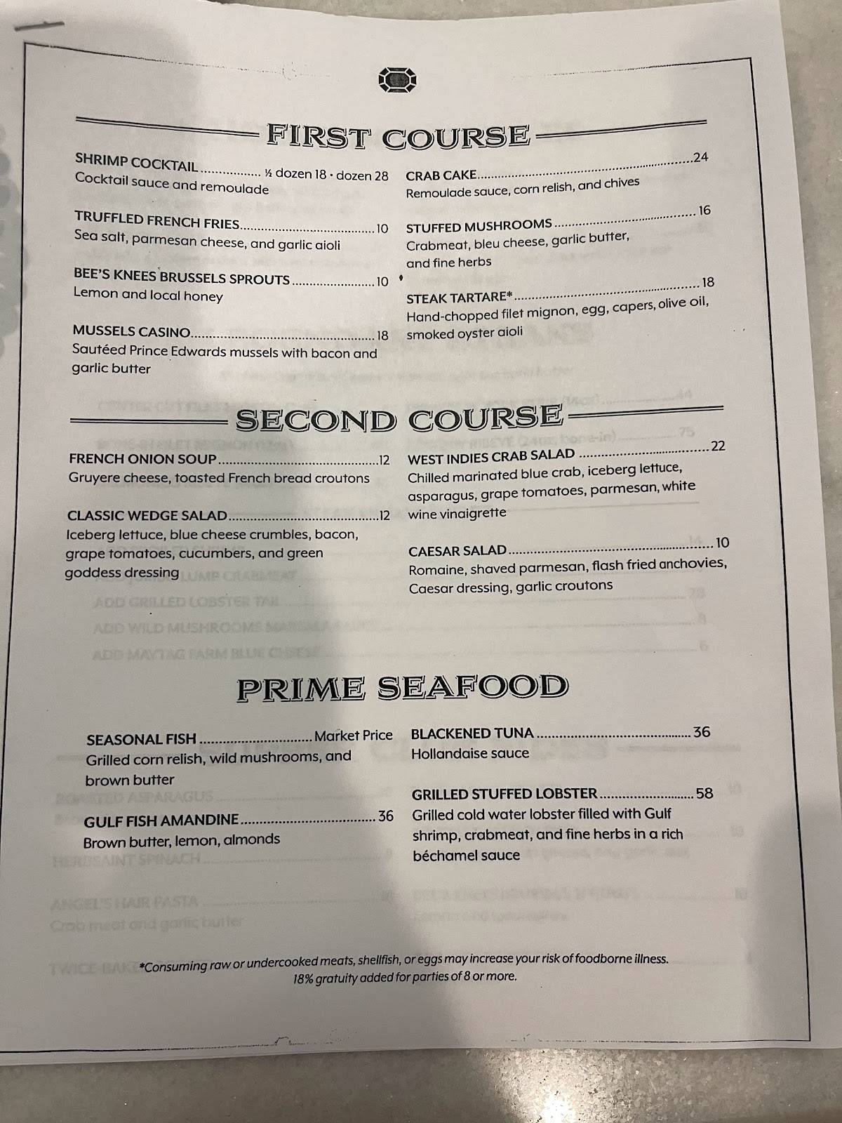 Menu at Sapphire Supper Club at Legends Hotel, Biloxi