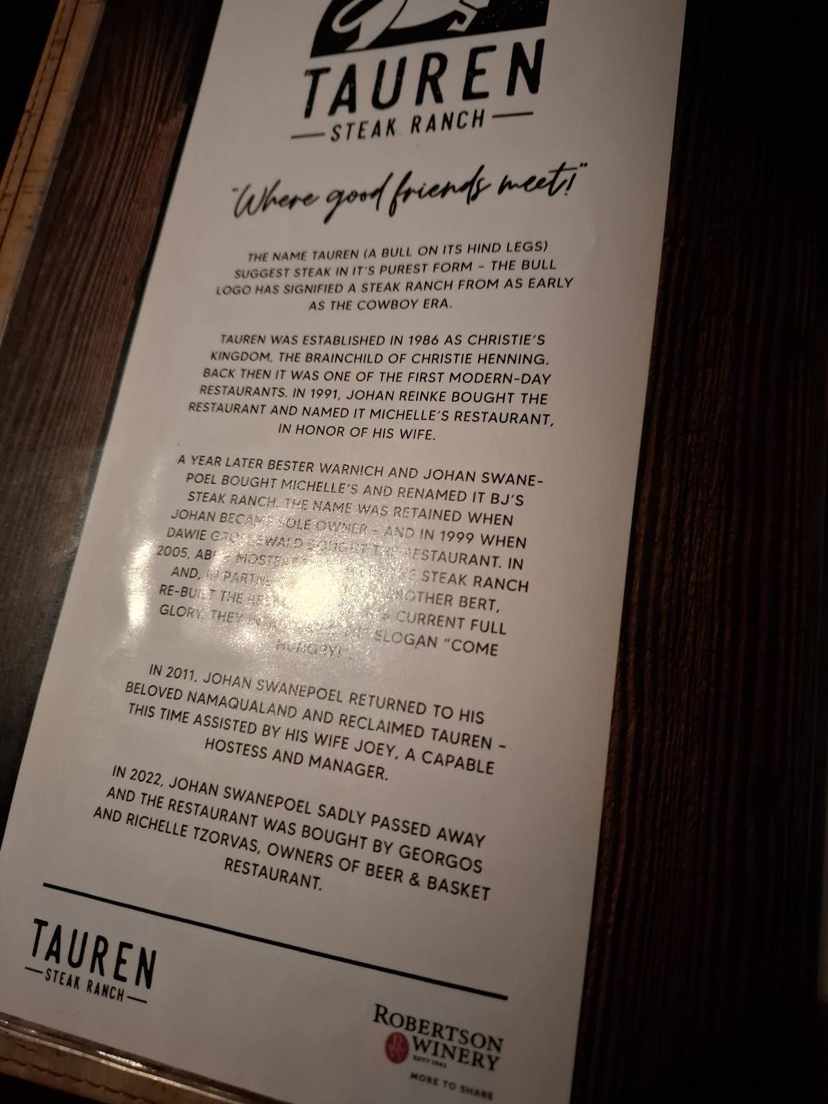 Menu at Tauren Steak Ranch Springbok steakhouse, Springbok
