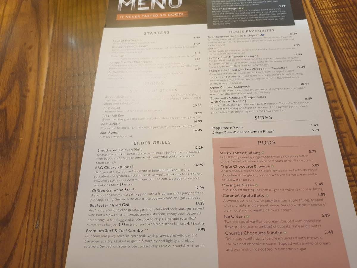 Menu at The Bull Beefeater steakhouse, Swanley