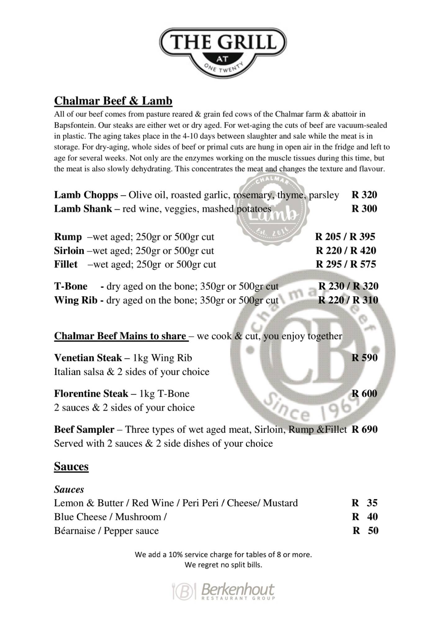 Menu at The Grill at One Twenty Restaurant, Boksburg