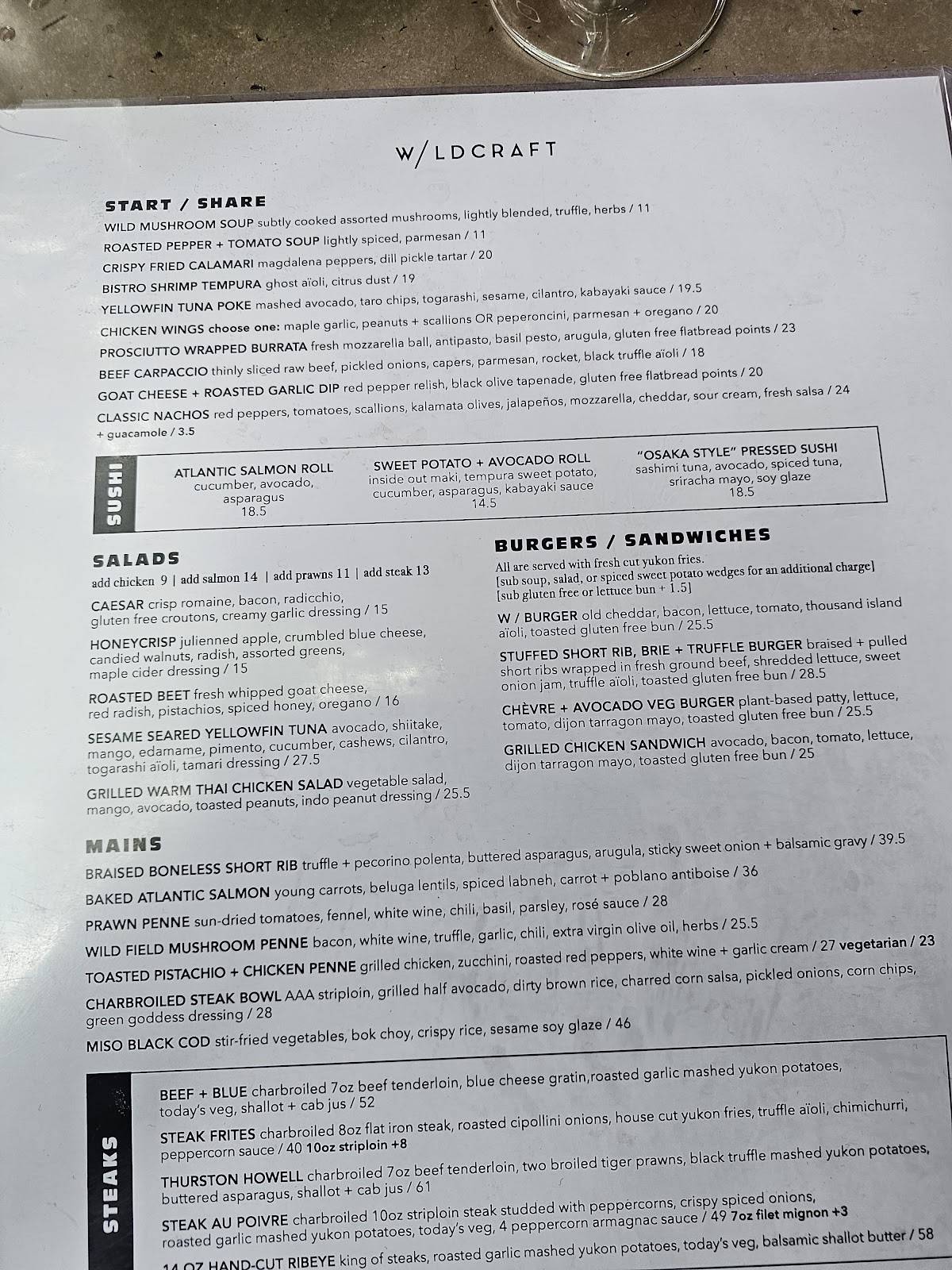 Carta de Wildcraft Grill + Long Bar, Waterloo