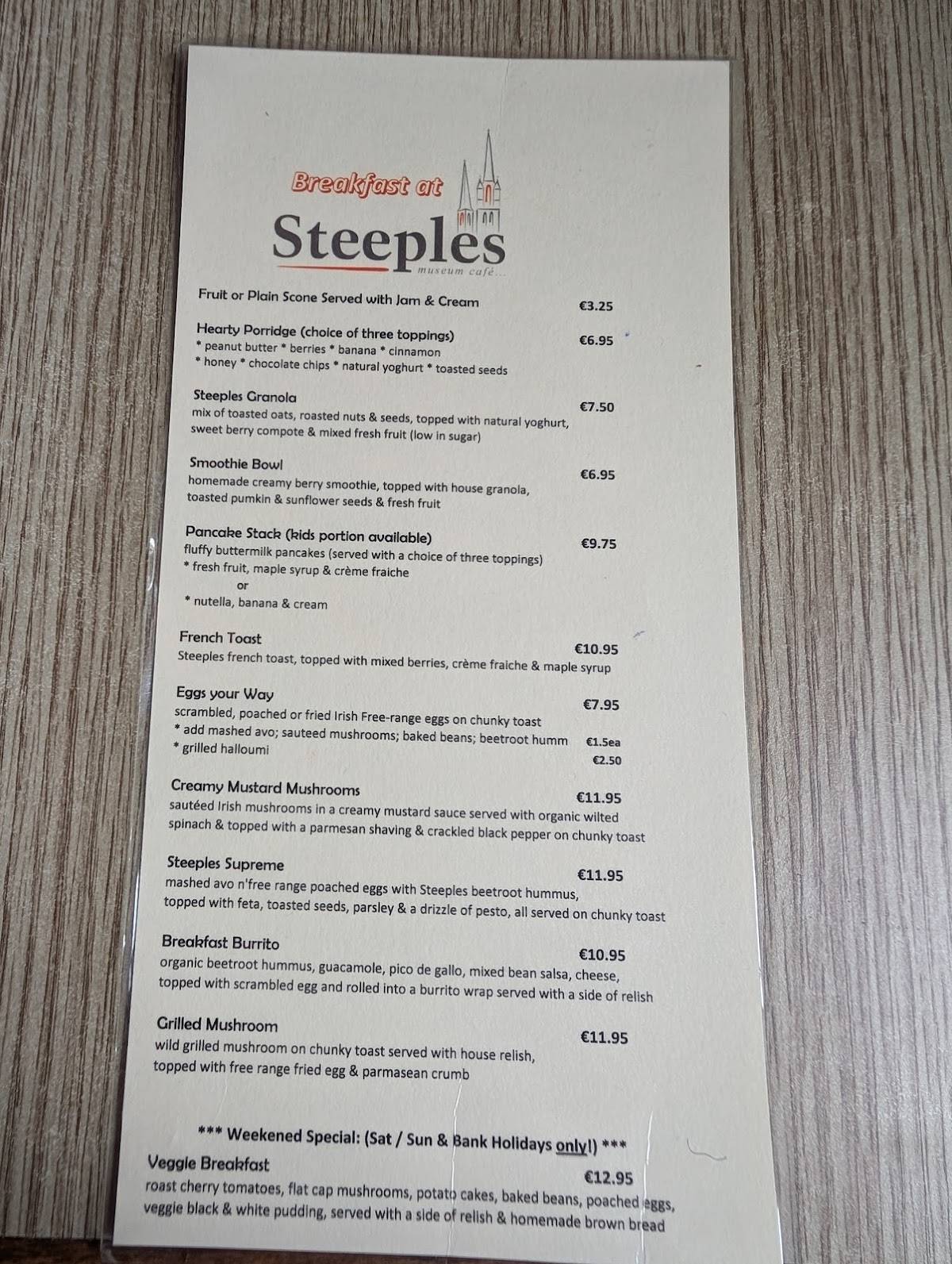 Menu at Steeples cafe, Nenagh