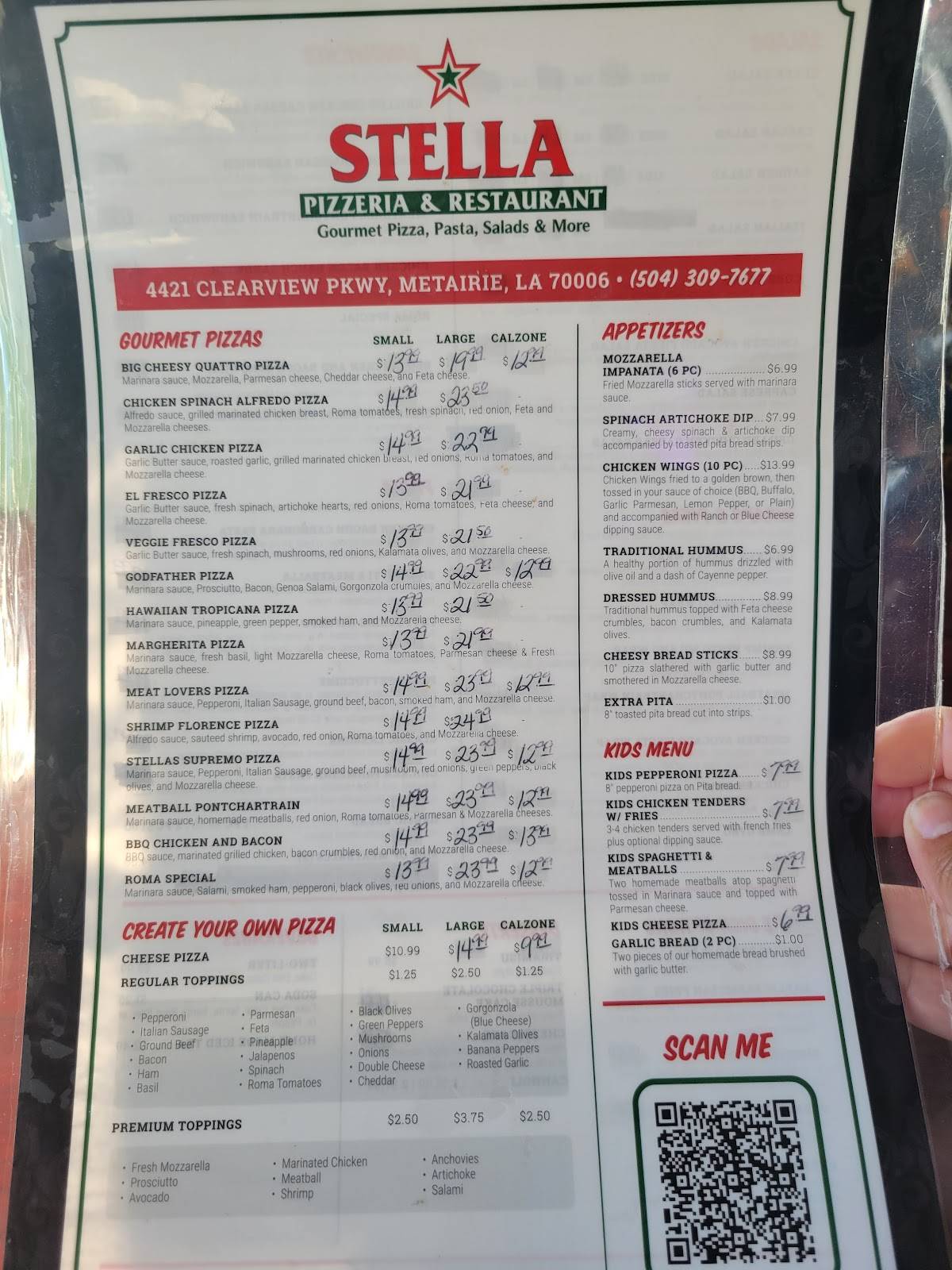 Menu at Stella Pizzeria & Restaurant, Metairie