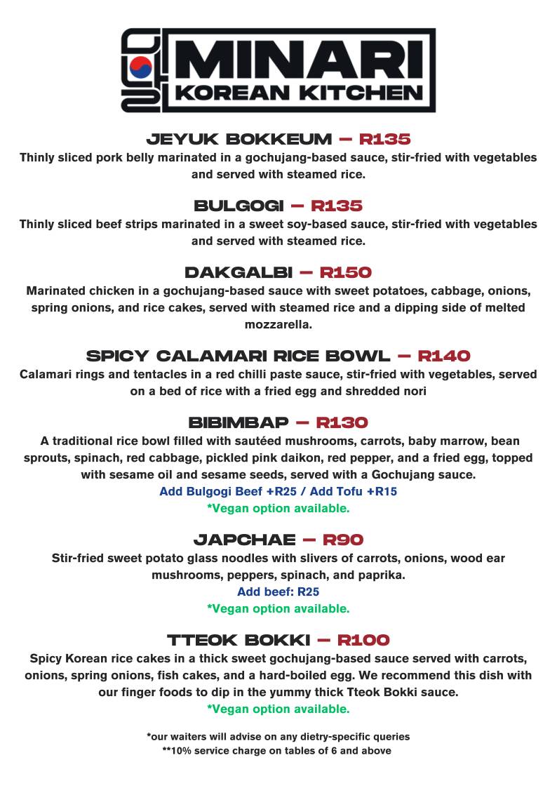 Menu at Minari Korean Kitchen Stellenbosch restaurant, Stellenbosch