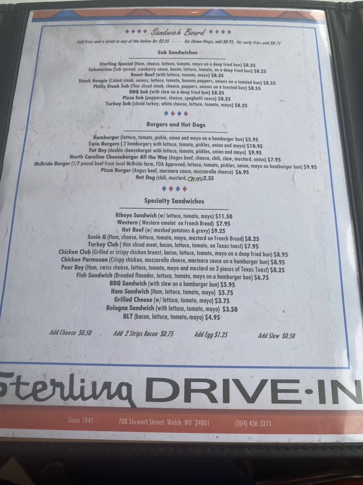 Menu at Sterling Drive-In restaurant, Welch
